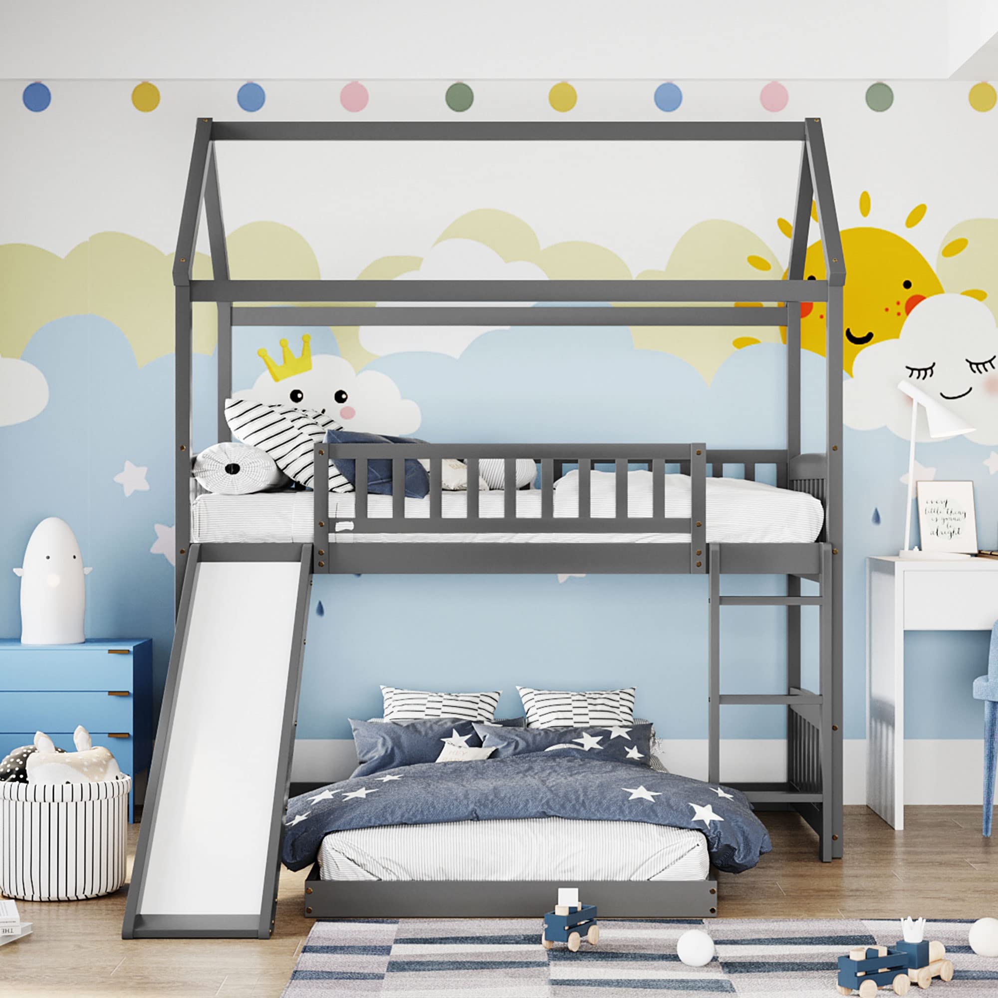 LZ LEISURE ZONE Bunk Bed with Slide, Wood Twin Over Twin Bunk Bed Frame, Twin Size House Bunk Bed, Bedroom Furniture for Kids/Teens/Aldults, No Box Spring Needed, Gray