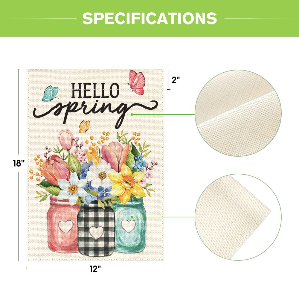 AVOIN colorlife Hello Spring Garden Flag 12x18 Inch Double Sided Outside, Floral Mason Jar Holiday Yard Outdoor Flag
