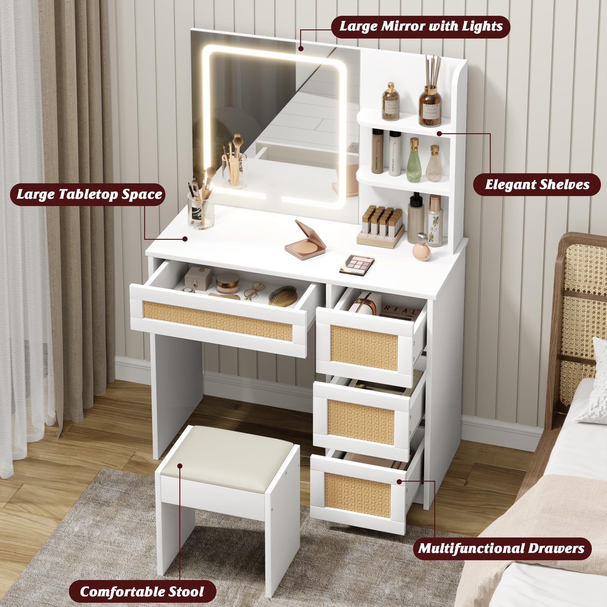 GAOMON Rattan Vanity, Makeup Vanity Desk with Mirror and Adjustable LED Light, Large Storage Space with 4 Drawers and 2 Tiers of Open Shelves for Bedroom in White