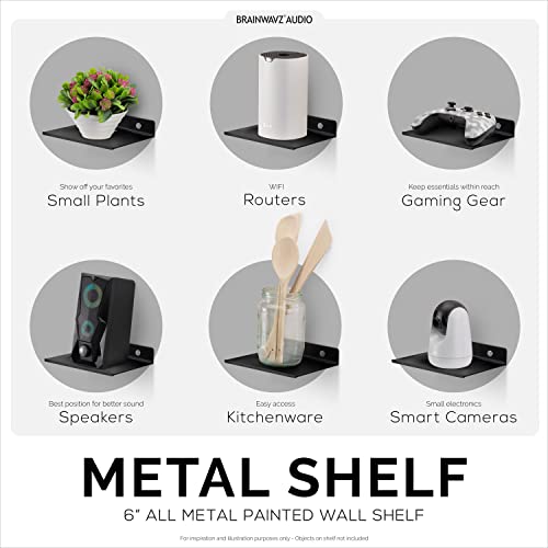 BRAINWAVZ 2-Pack 6" Floating Metal Wall Shelf for Books, Organizer, Speakers, Plants, Cameras, Books, Decor Display, Storage, Routers & More Wide Universal Holder Shelf (Black)