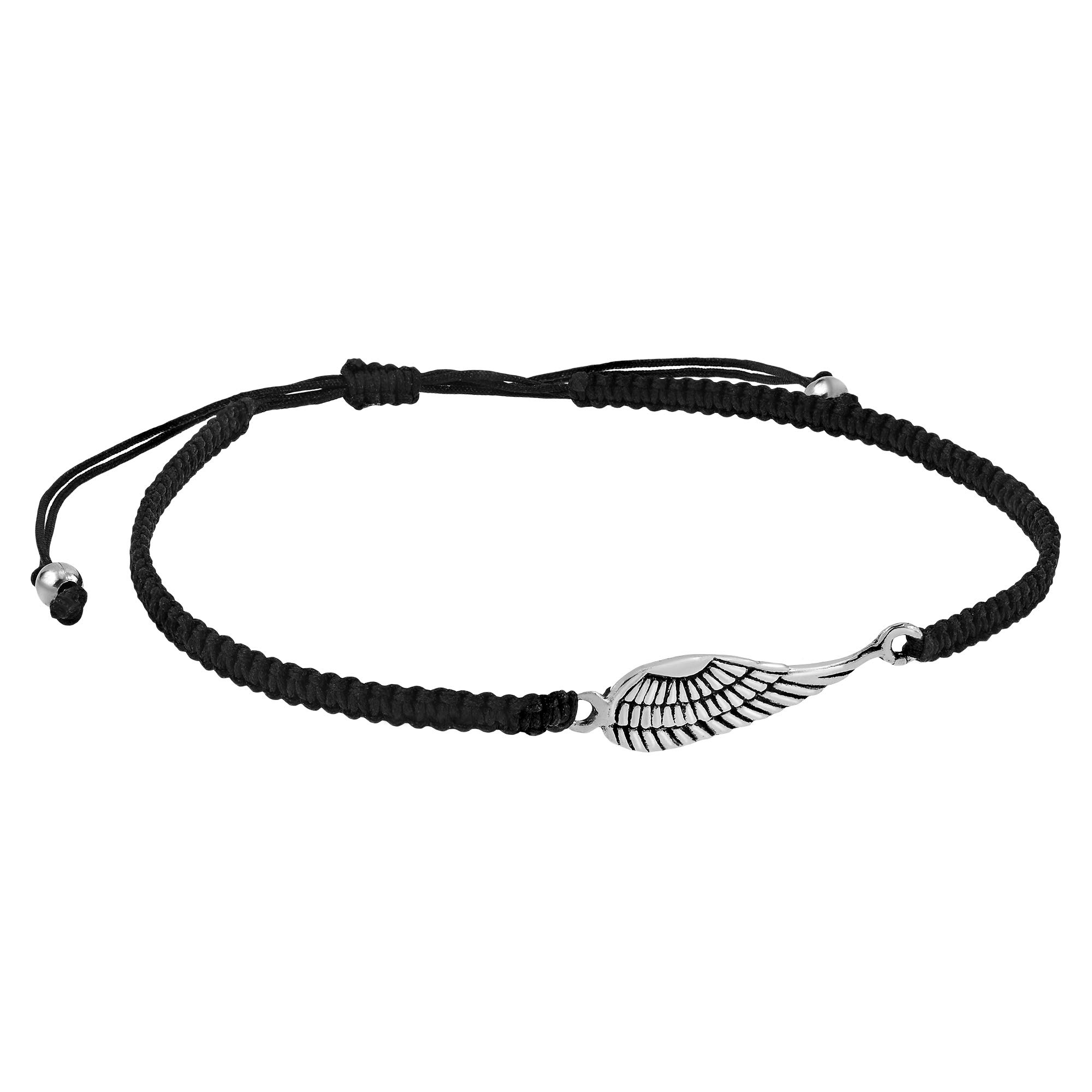 AeraVida Mystical Sideways Heaven's Angel Wing .925 Sterling Silver Charm on Black Adjustable Bracelet | Stylish Handmade Jewelry for Women | Statement Bracelet | Boho Jewelry