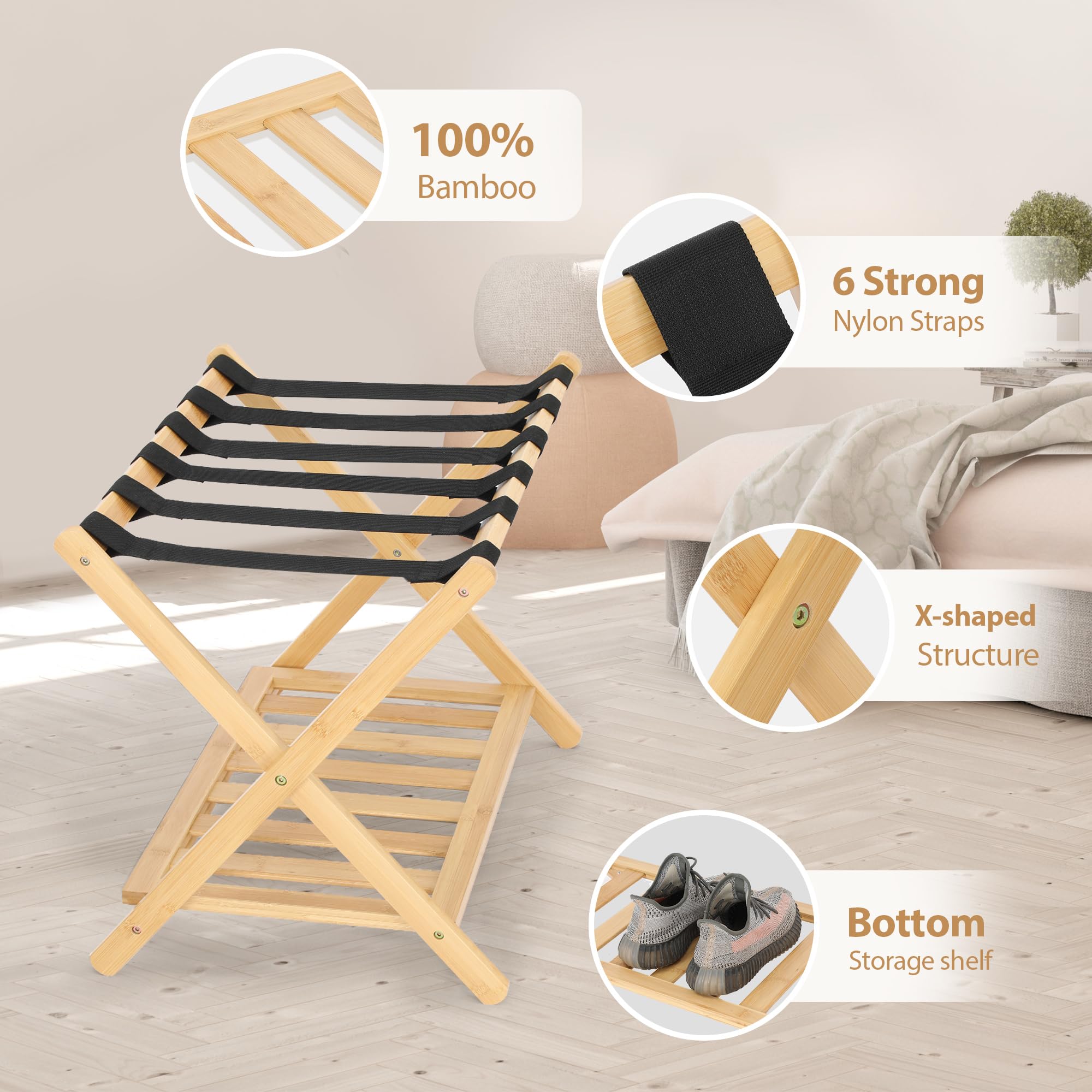 Lynxor 2-Pack Folding Luggage Racks, Foldable Bamboo Suitcase Stand with Storage Shelf, Luggage Holder with 6 Nylon Straps for Hotel Guest Room Bedroom, Nature 2Pcs