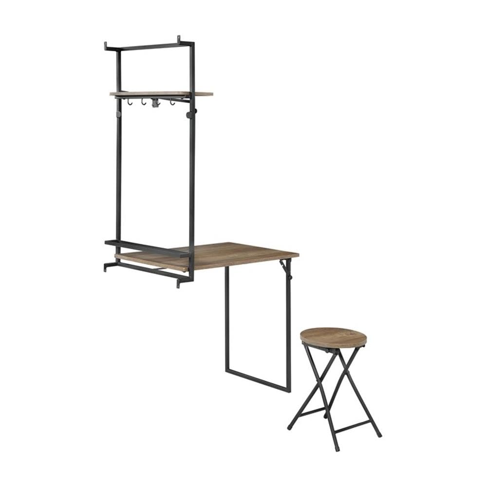 Coaster Home Furnishings Riley Foldable Wall Desk with Stool Rustic Oak and Sandy Black