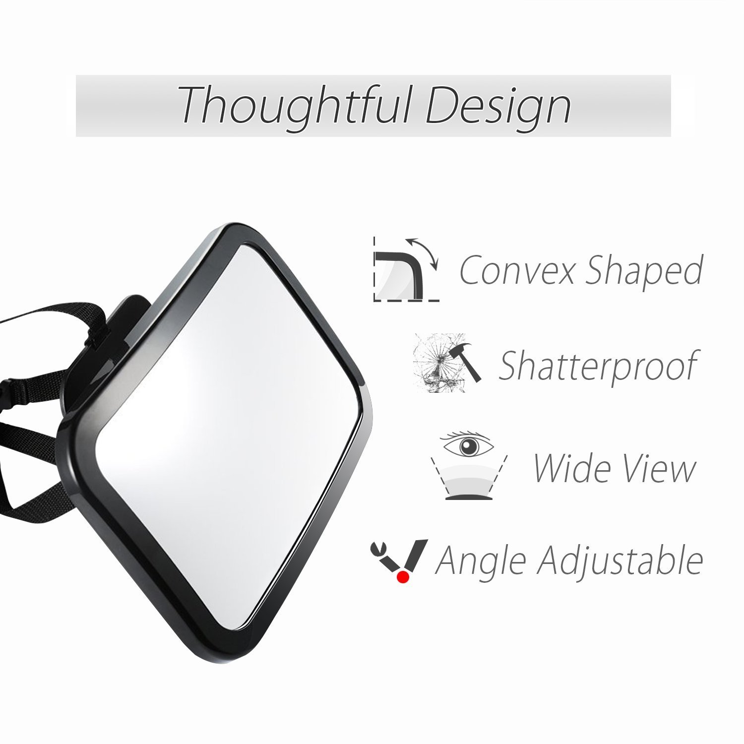 LanChuon Safety Baby Car Mirror for Back Seat, Updated Large and Stable Rear Facing Car Seat Baby in-Sight Shatterproof Mirror with Cloth, Adjustable Double Strip, 11.8 Inch Long