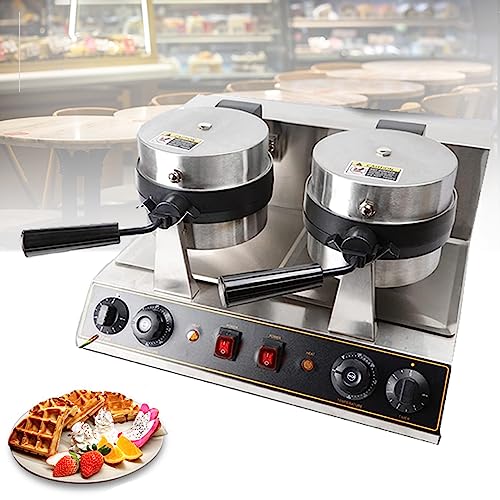 Electric Double-Head Rotating Waffle Maker, 7In Round Waffle Machine, 2600W Commercial Non-Stick Breakfast Baker Machine, 50-300℃ Temperature Control, 5 Minutes Timing