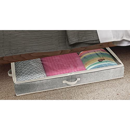 mDesign Soft Fabric Under Bed Storage Organizer Holder Bag for Clothing, Accessories, Linen - Easy-View Top Panel, Attached 2-Way Zippered Lid, Side Handles - 4 Pack - Black/Cream/Beige