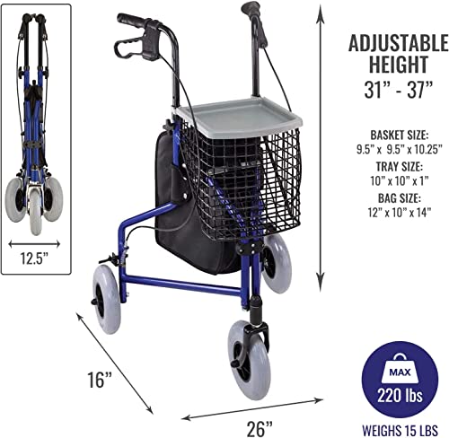 DMI Folding Rollator Walker with Swiveling Front Wheels, FSA HSA Eligible, 3 Wheel, Aluminum Light-Weight, Detachable Storage Tray, Royal Blue