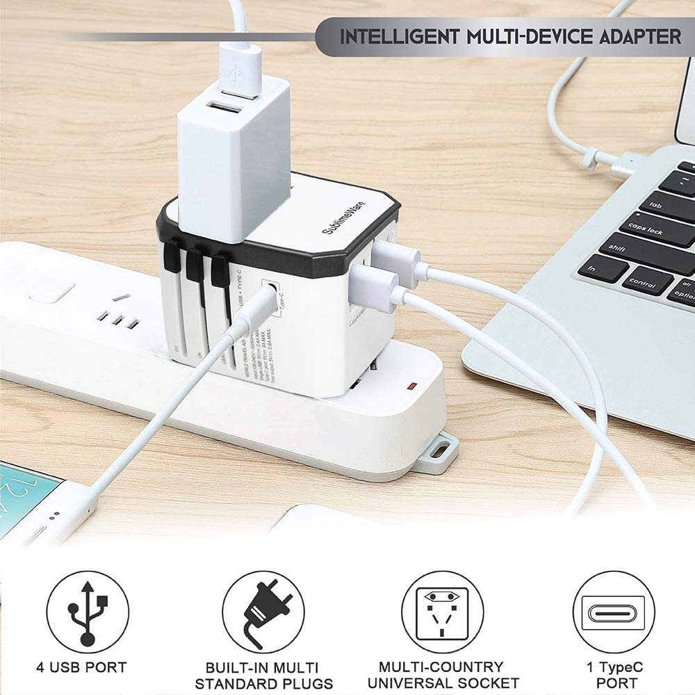 Power Plug Adapter - International Travel (w/5 USB Ports and USB Type C)- Work 150+ Countries - 220 Volt Travel Adapter - Type C A G I A/C - UK Japan China EU Europe European