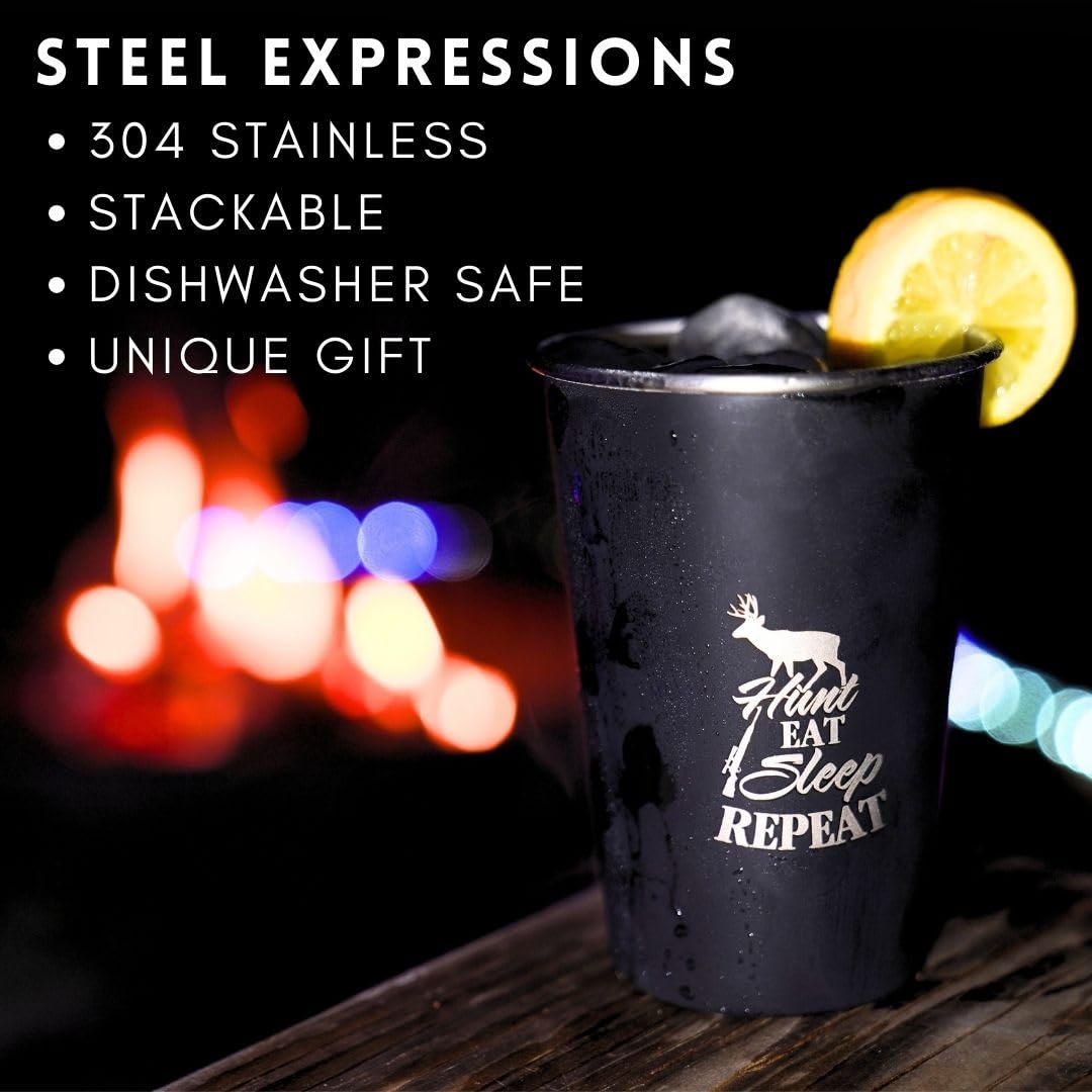 Shark Skinzz Steel Expressions Pint Cup, 16 oz Stainless Steel Cups, Stackable & Durable Drinking Cups for Camping, Reusable & Dishwasher Safe Tumblers, Set of 4 Black Cups