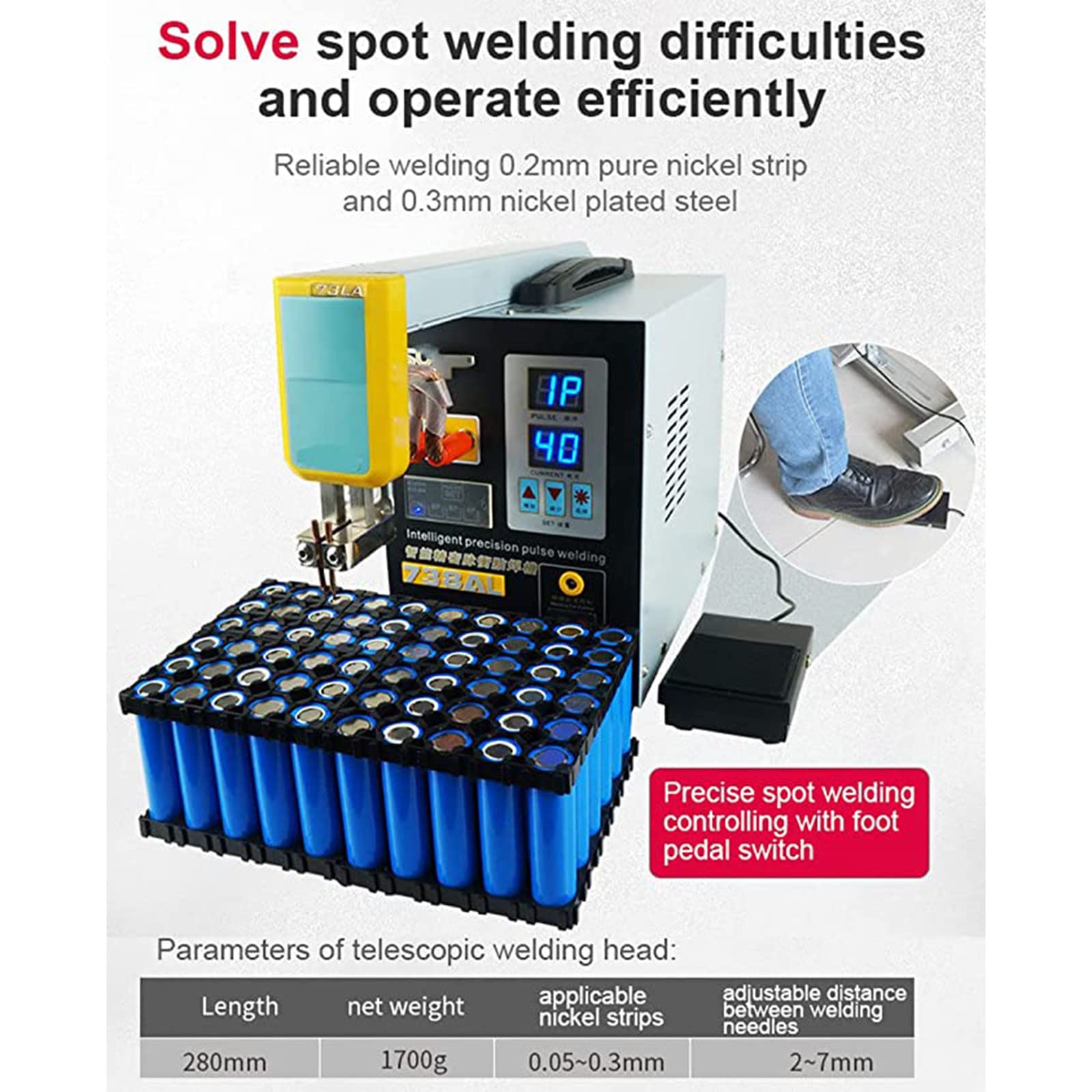 ALSUP 738AL Cordless Spot Welder for 18650 14500 Lithium Battery Pack Building, Removable Telescopic Arm with 3.6 KW Pulse Magnet Battery Spot Welder