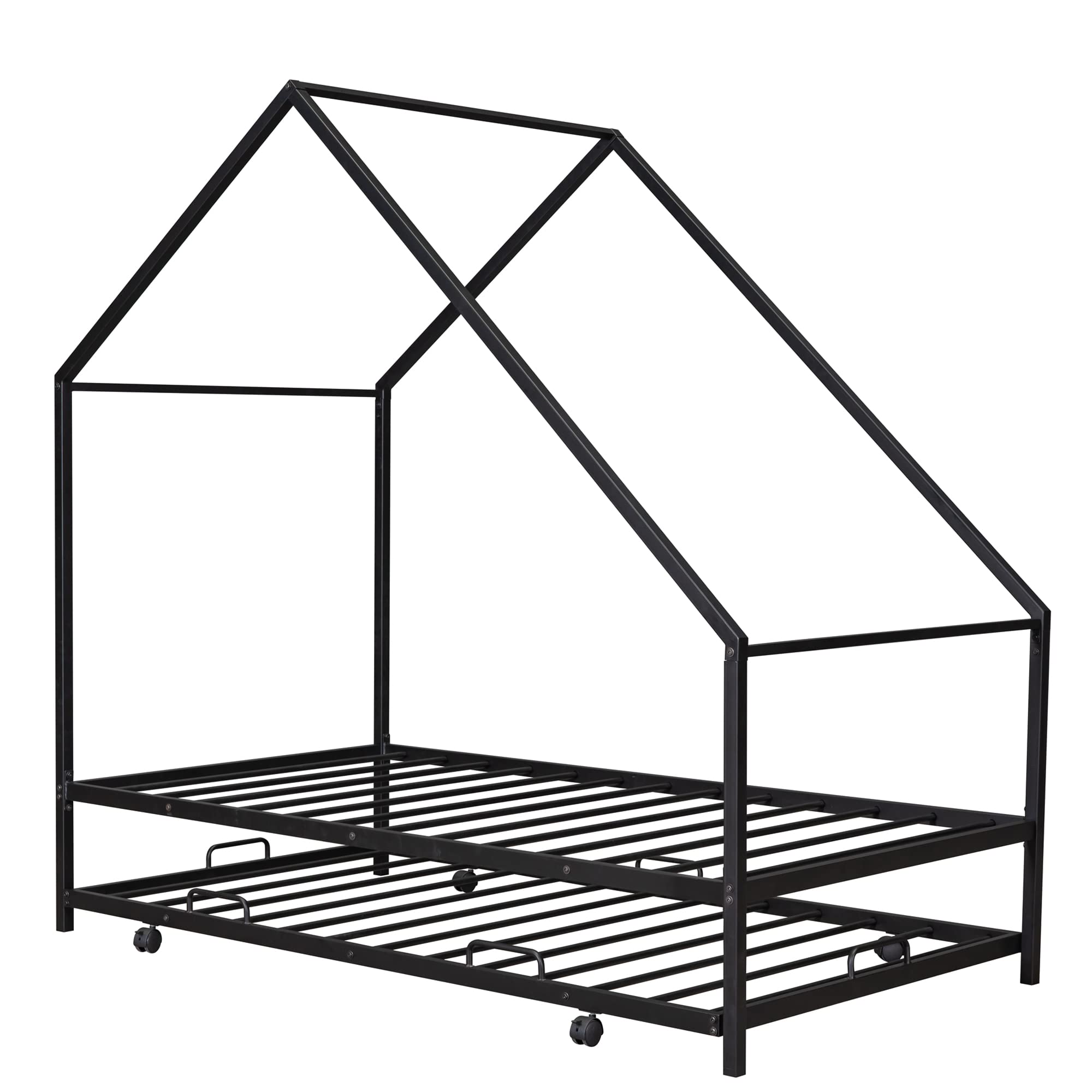 Bellemave Twin Size House Bed with Trundle, Kids Montessori Beds Metal Canopy Bed Frame for Girls Boys Teens, No Spring Box Needed, Black