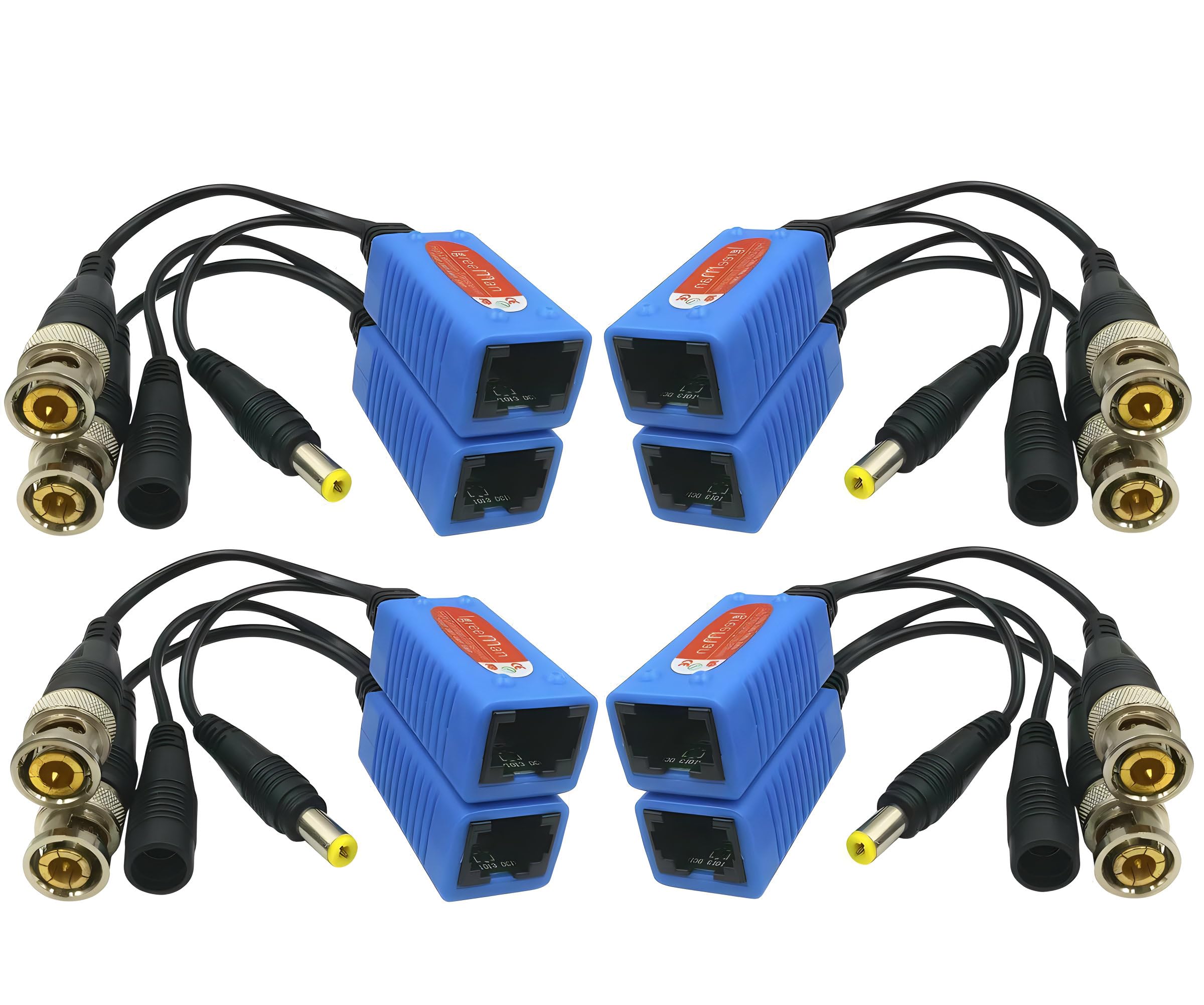 Igreeman 4 Pair Passive Video Balun BNC to RJ45 Adapter with Power, 1080P-8MP Surveillance Analog Camera Ethernet Cable Transceiver, Cat5e/Cat6 Cable to BNC Male Connector
