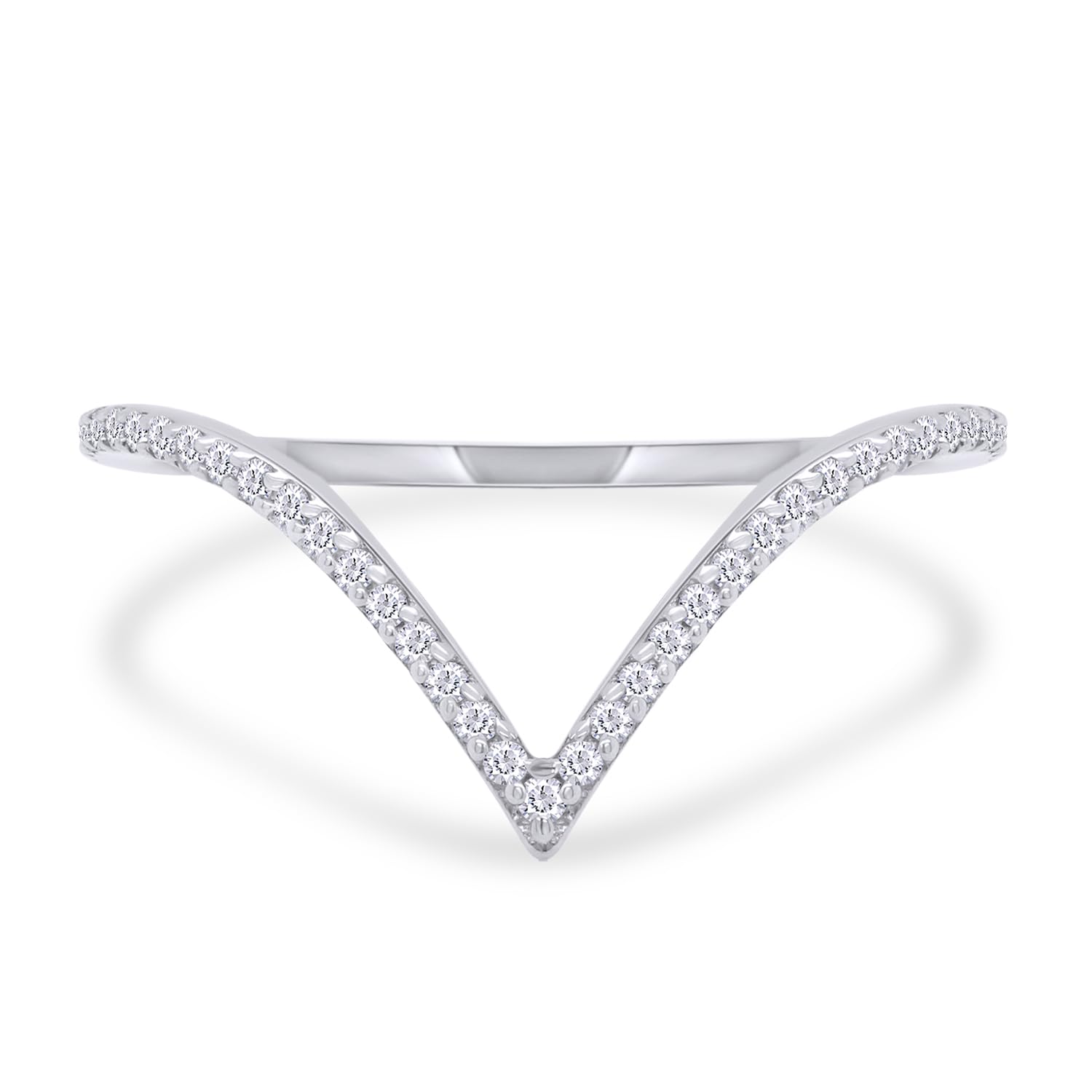 AFFY 1/6 Cttw Round Cut Natural Diamond V-Shaped Promise Ring In 14K White Gold Over Sterling Silver (0.16 Cttw, I2-I3 Clarity), Ring Size-6.5