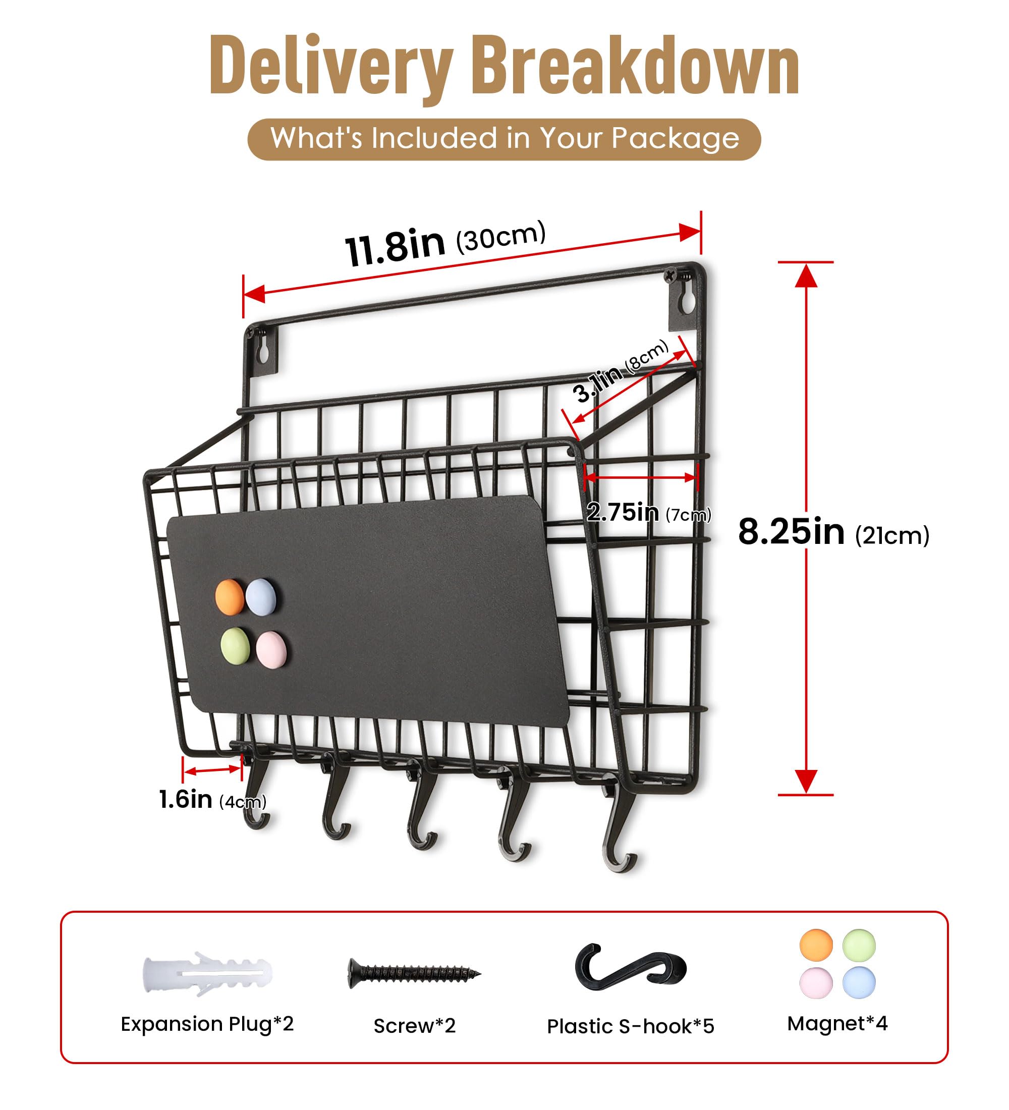 Baeymonkay Easy Installation Key Holder Wall Mount, Mail Organizer Mail Holder for Wall with 5 Hooks, Iron Key Hooks for Entryway Decor, Key Hanger, Key Rack, Matte Black(Single Mail)