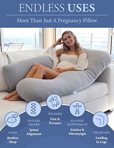 Pharmedoc Pregnancy Pillows, U-Shape Full Body Pillow -Removable Jersey Cotton Cover - Grey - Pregnancy Pillows for Sleeping - Body Pillows for Adults, Maternity Pillow and Pregnancy Must Haves