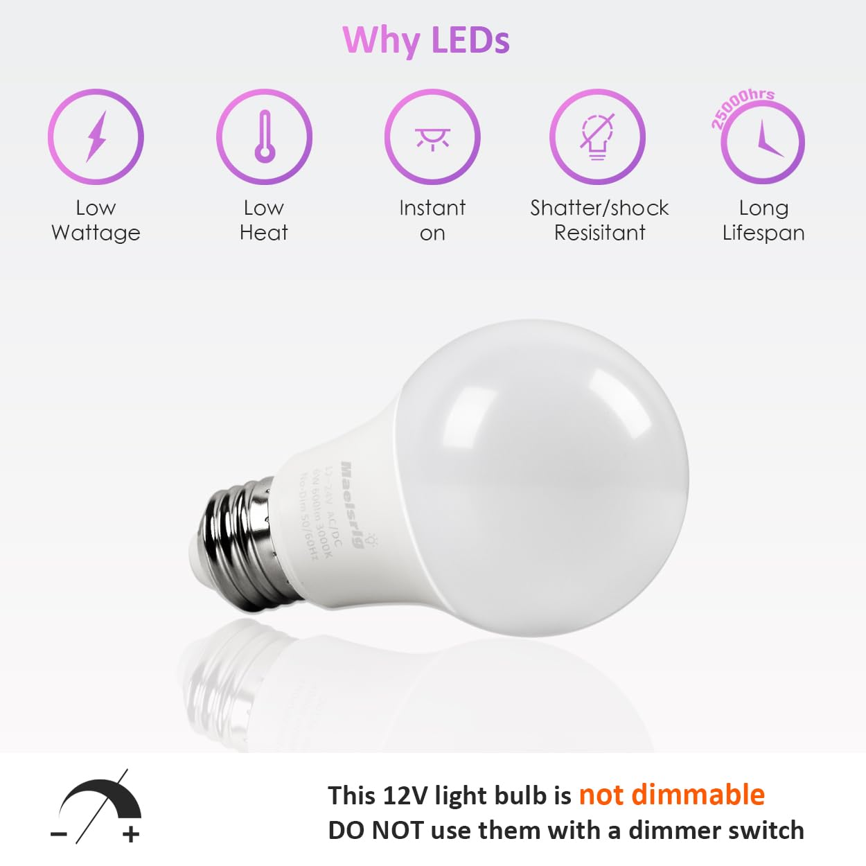 Maelsrlg 12V LED Bulb 6W(50W Equivalent), Warm White 3000K, 12V-24V AC/DC, 600 Lumens, Non-Dimmable, A19 12V DC LED Light Bulbs, E26 Base, Pack of 6