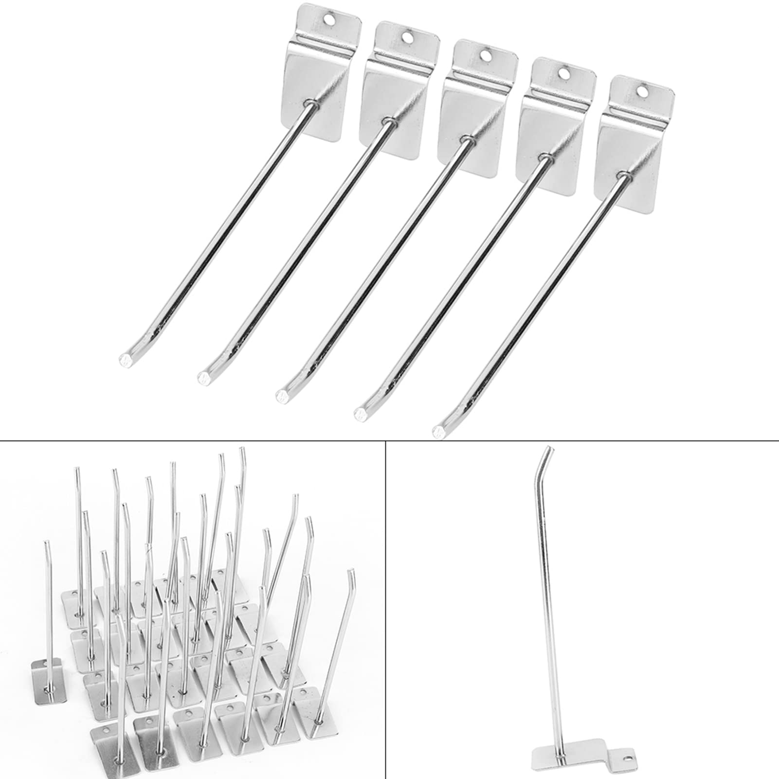 Jadeshay 25pcs Slatwall Hooks, 6 Inch Panel Hook Set, Max Load Over 3.3lb, Sturdy Chrome Finish for Shop Shelves Organize