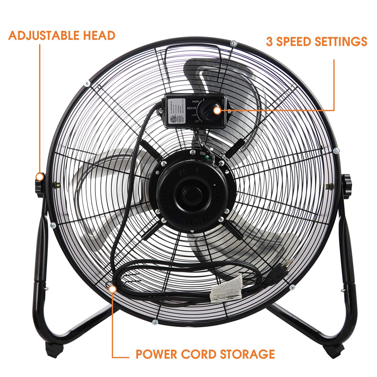 Vie Air VA-20W 20" Industrial Floor Drum Fan with 3 Speed, 360 Tilt Head, Black