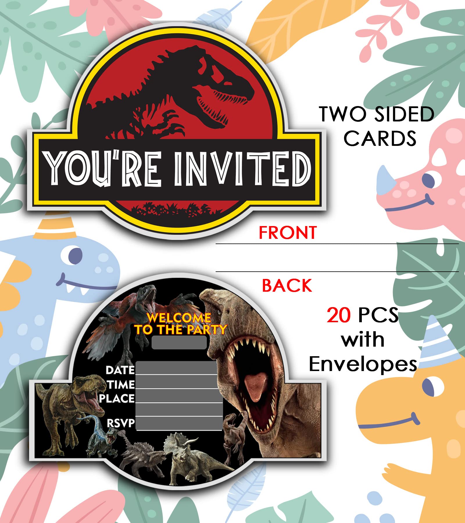 KINYEYE Dinosaur Party Invitation Cards for Kids Birthday Party, 20Pcs Dinosaurs World Birthday Party Invitations with Envelopes, 2-Sided 4×6 Inches