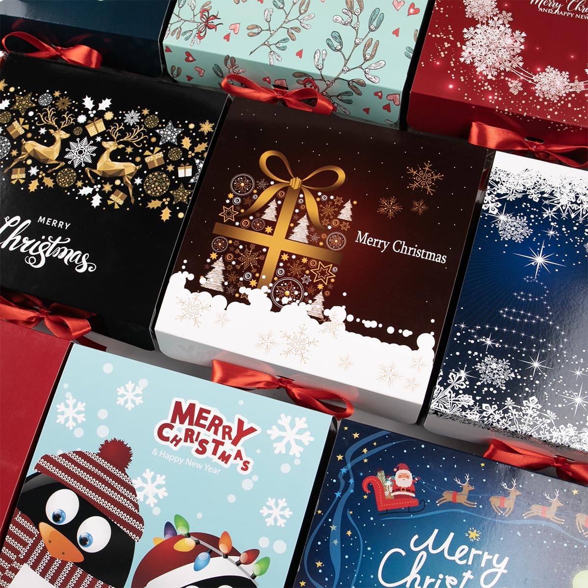ARTLYMERS Christmas Gift Boxes with Lids, 9 Pack Gift Boxes and Red Ribbon Christmas Themed Pattern Small Gift Boxes for Christmas Presents Gifts Easy Assemble