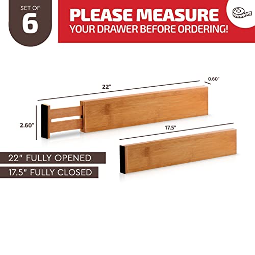 Large Kitchen Drawer Organizer - Expandable Bamboo Drawer Dividers (17" - 21.5") - Adjustable Separators for Kitchen, Clothes, Dresser, Bedroom, Bathroom, and Desk Drawers - 6-Pack