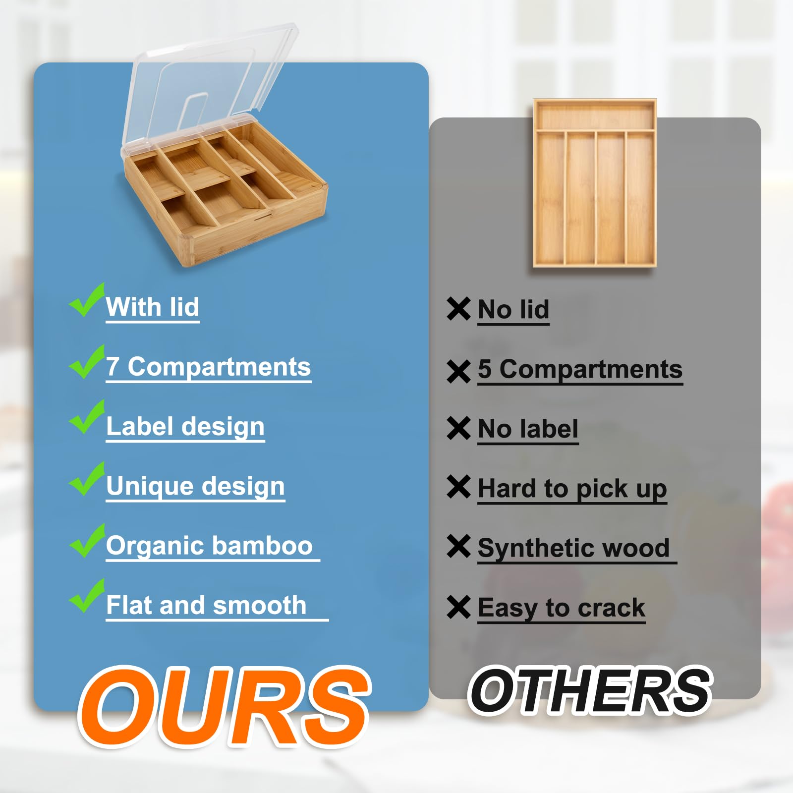 YICOCHI Utensil Holder for Countertop with Lid, Bamboo Silverware Tray for Drawer, 7 Compartments Flatware Organizer with Labels