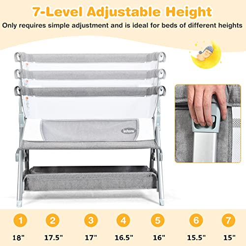 INFANS Baby Bassinet Bedside Crib, Newborn Sleeper w/Large Storage Basket, Adjustable Heights & Angle, Detachable &Washable Mattress, Breathable Mesh, Straps, Easy Moving Bed Side, Dark Grey