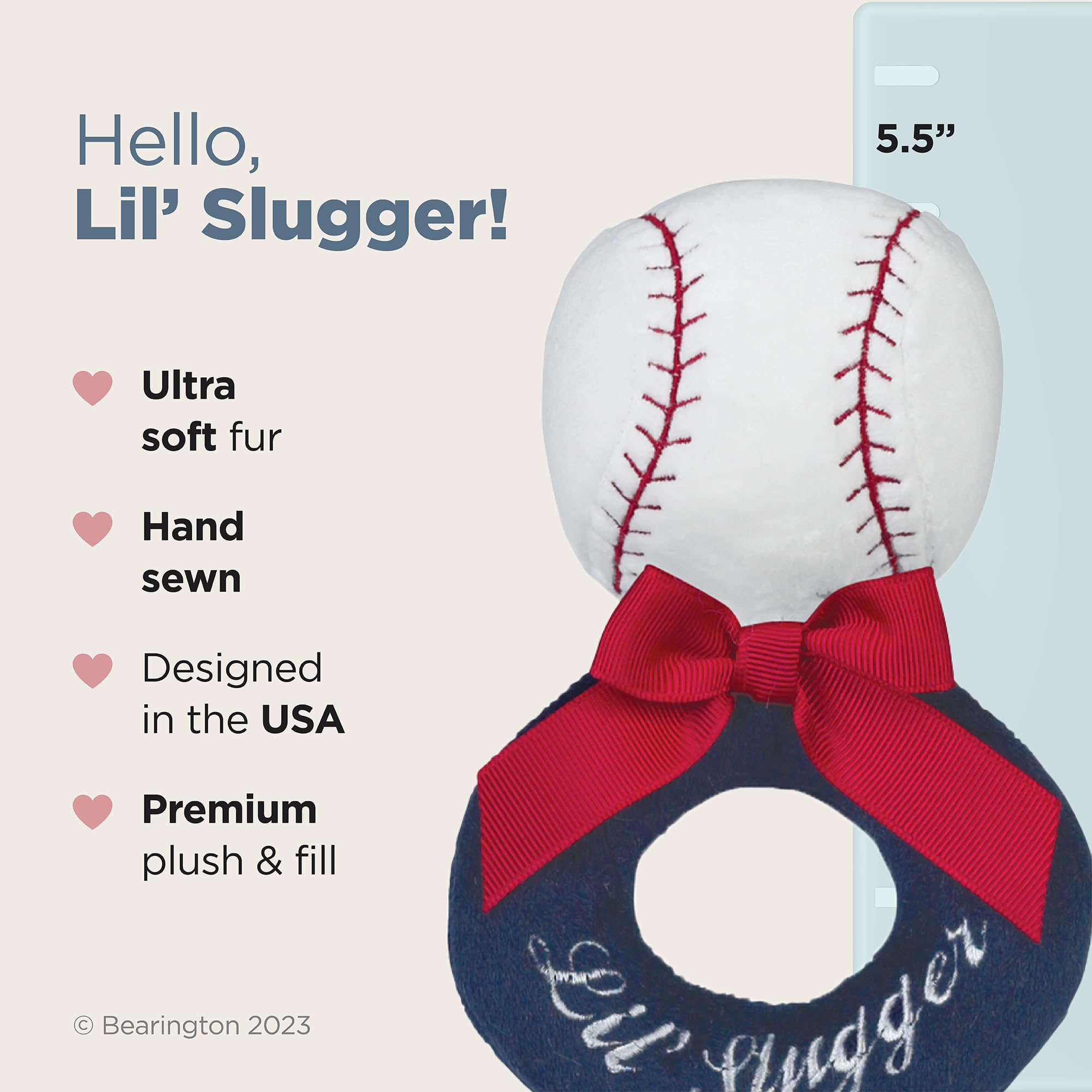 Bearington Collection Baby Lil’ Slugger, 5.5 Inch Red, White and Blue Plush Stuffed Baby Baseball Soft Ring Rattle