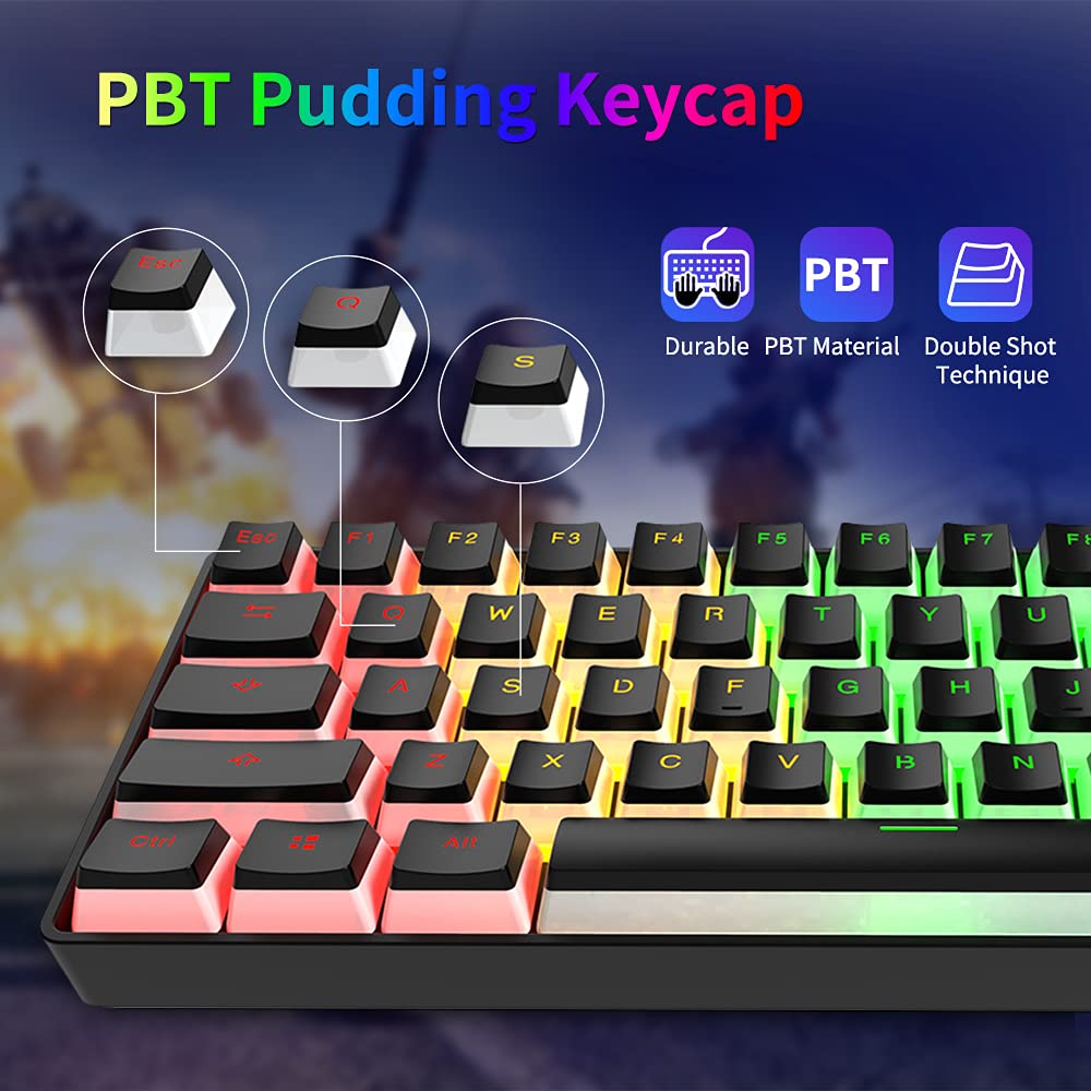 NACODEX Mini 60% Mechanical Gaming Keyboard - PBT Pudding Keycap Bluetooth 5.0 Rainbow Keyboard - 1000mAh Ultra-Compact Keyboard for Win/Mac/PC Gamer (Red Switch White)