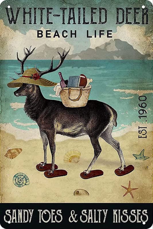 Funny Metal Signs White tailed deer beach life Aluminium Sign Retro Tin Signs Vintage Metal Tin Sign For Bar Home Wall Metal Decoration 8×12Inch