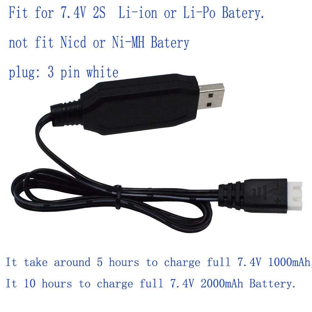 Blomiky 2 Pack H102 7.4V 1.3A USB Charger Cable with XH-3P Connector Plug for RC Truck 7.4V 2S Lipo Battery and H120 H100 H101 H103 H110 H112 H108 RC Boat and Trucks Quadcopter H106 USB 2