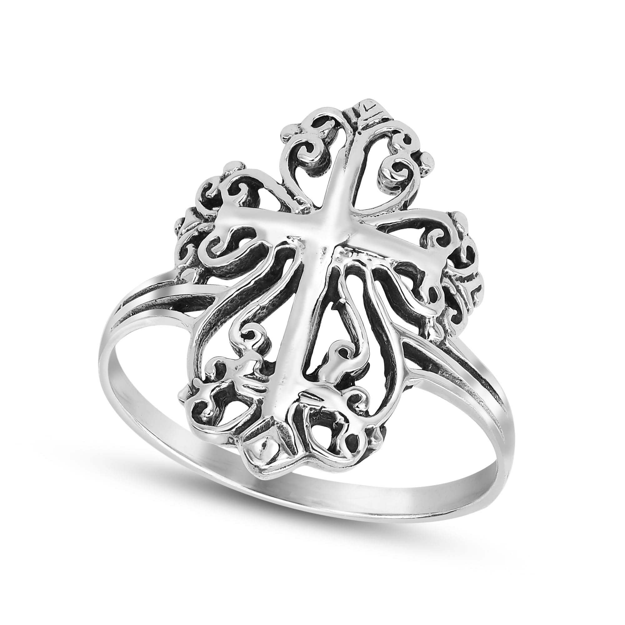 AeraVida Victorian Swirl Cross Hidden Heart Sterling Silver Ring | Elegant Patterned Silver Ring for Women | Vintage Statement Ring Gift | Size (7)