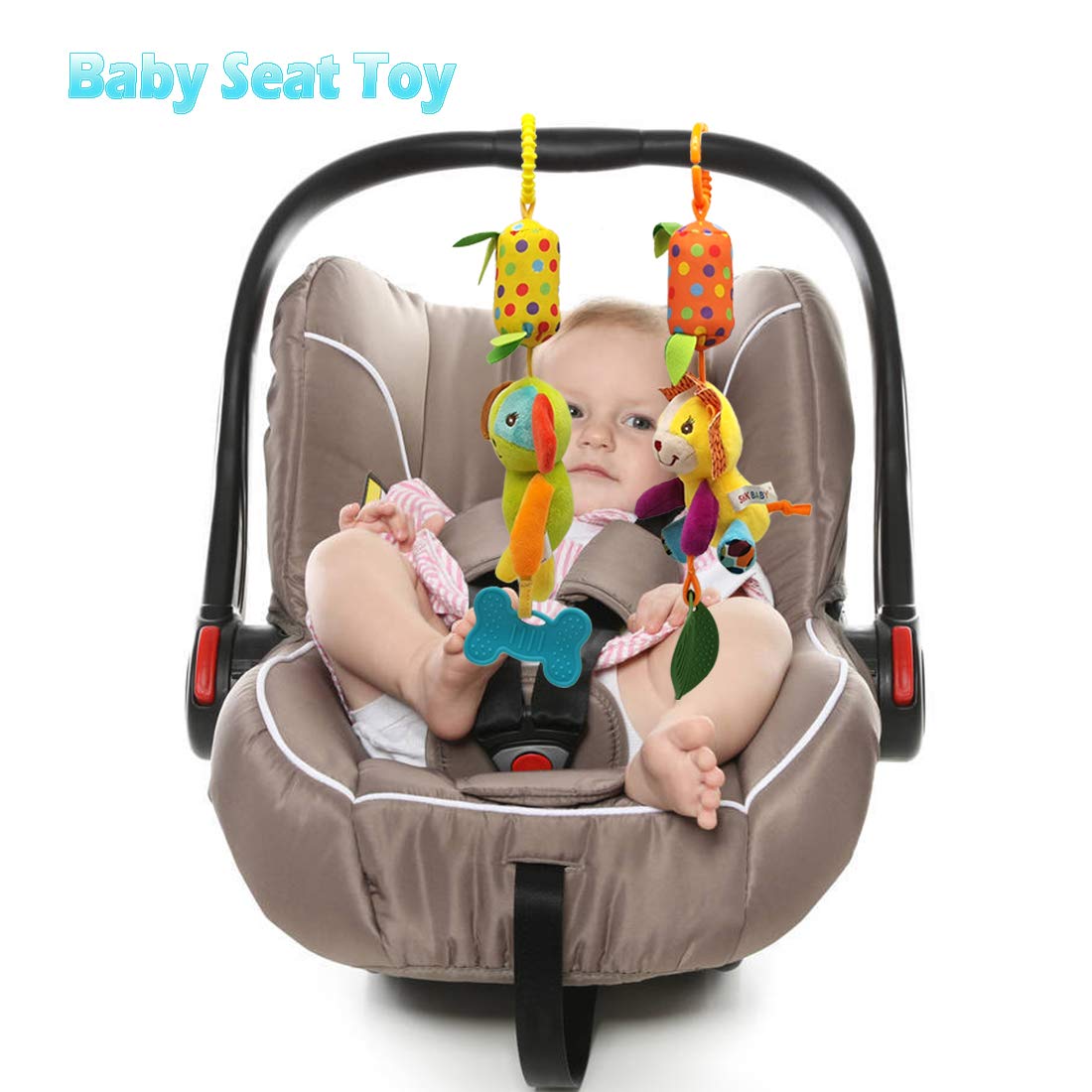 BLOOBLOOMAX Baby Soft Hanging Rattle, Car Seat Stroller Toys with Plush Animal C-Clip Ring for Infant Babies Boys and Girls 3 6 9 to 12 Months (4pcs)