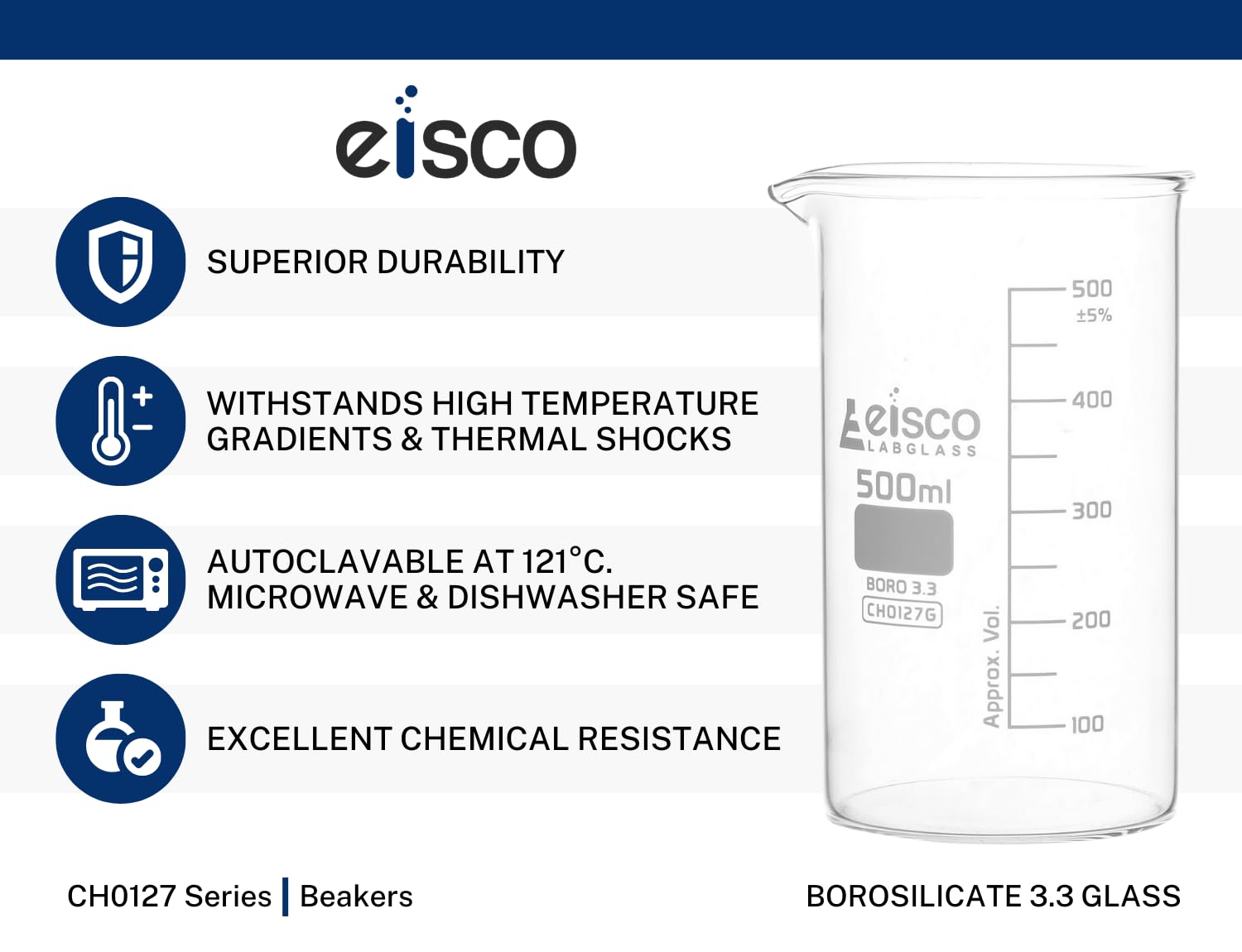 EISCO Beaker, 400ml - Tall Form with Spout - White, 50ml Graduations - Borosilicate 3.3 Glass