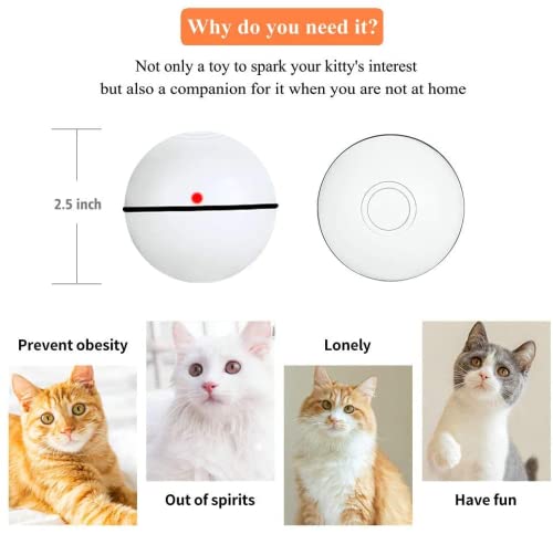 Pakoo Interactive Cat Toys Ball Smart Automatic Rolling Kitten Toys USB Rechargeable Motion Ball + Spinning Led Light with Timer Function The Best Entertainment Exercise Gift for Your Kitty
