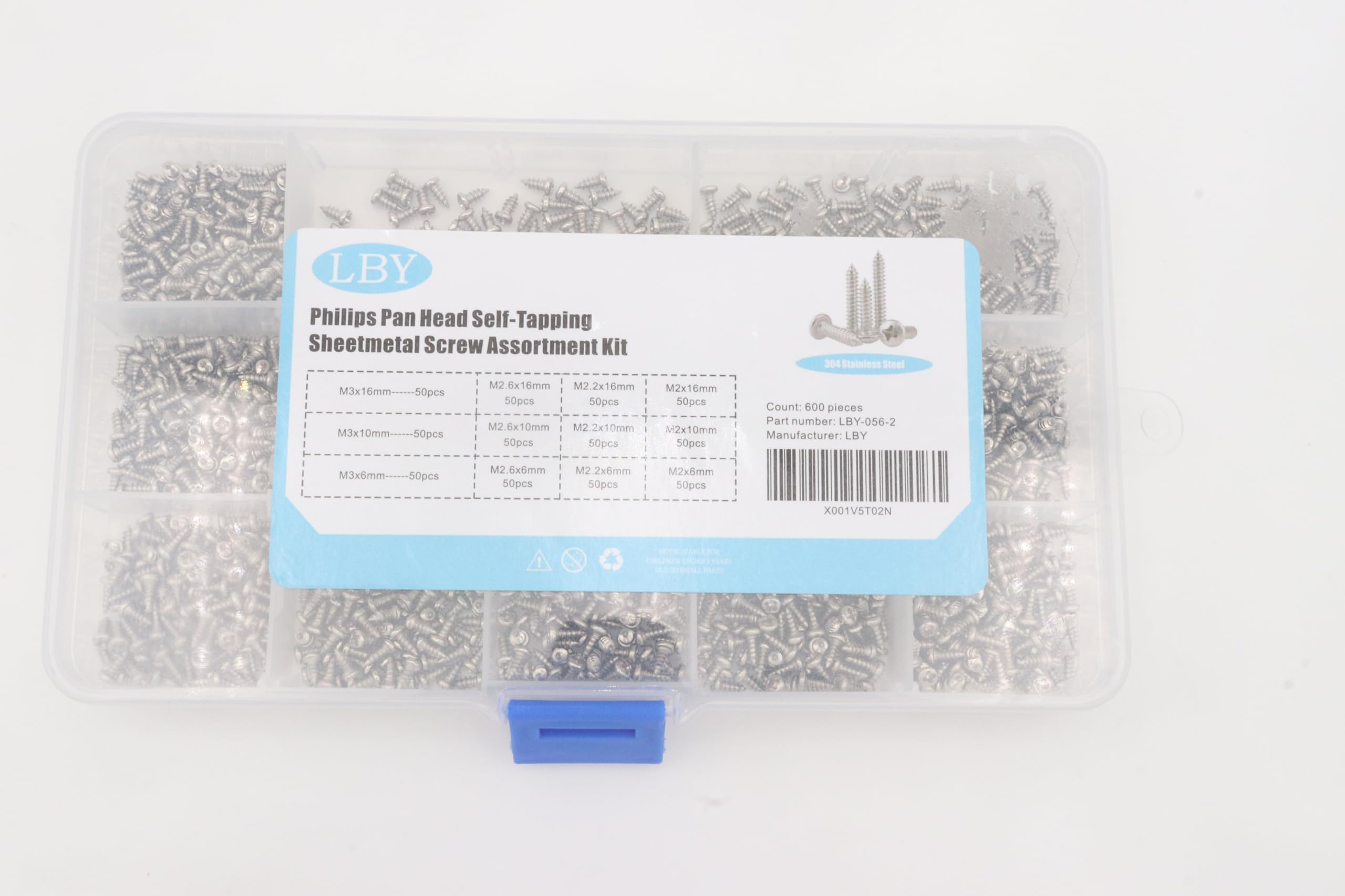 LBY 600pcs M2 M2.2 M2.6 M3 Pan Head Self-Tapping Sheetmetal Screw Assortment Kit, 12 Sizes, 304 Stainless Steel
