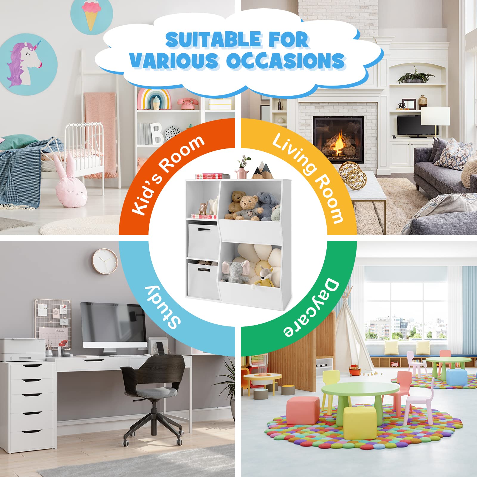 GLACER 5-Cube Kids Toy Storage Organizer, Freestanding Wooden Bookcase Bookshelf w/ 2 Removable & Foldable Bins, Open Multi-bin Storage Display Cabinet for Kids Room, Play Room, Nursery, White
