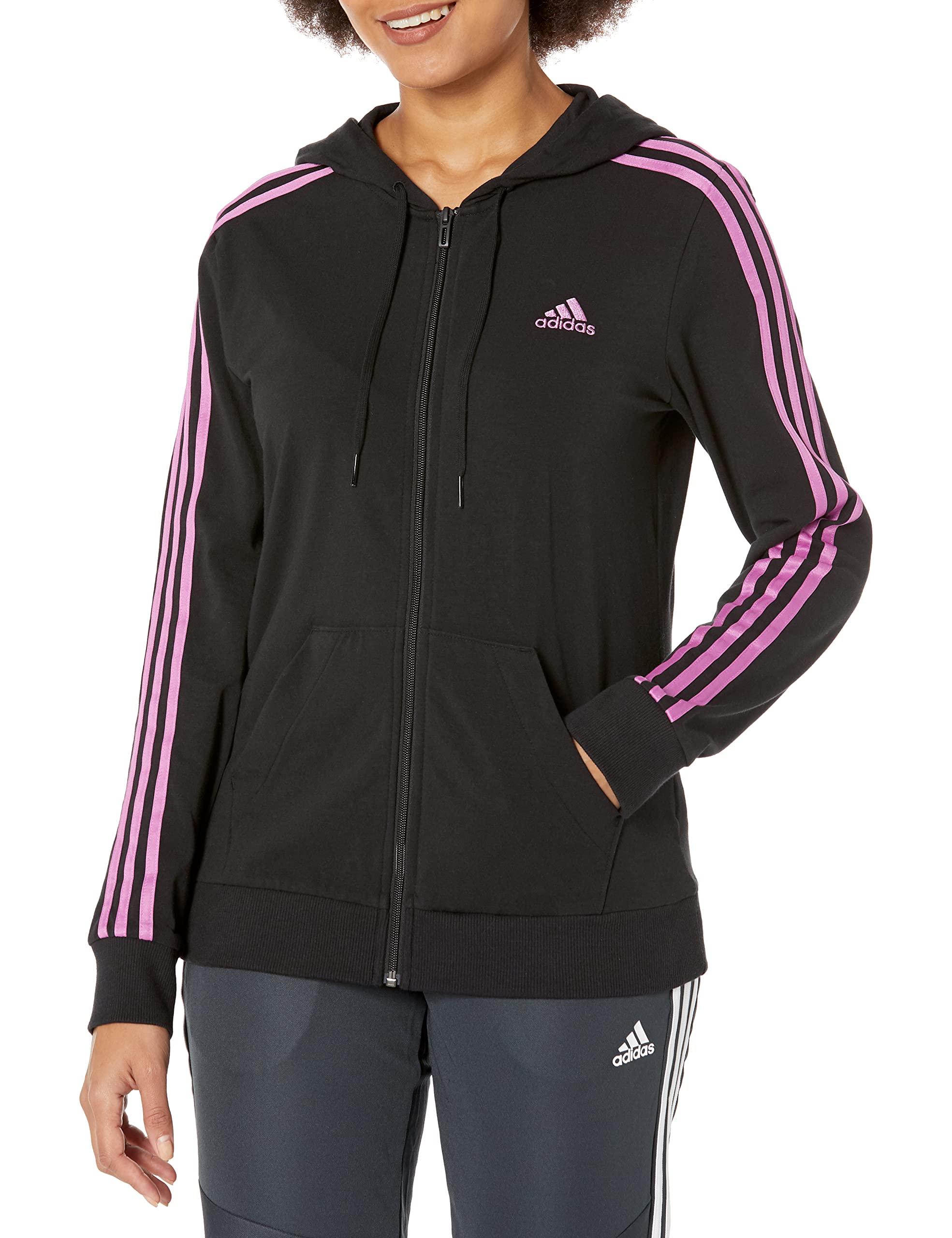 adidas Women's Essentials Single Jersey 3-Stripes Full Zip Hoodie, Black/Semi Pulse Lilac, Medium