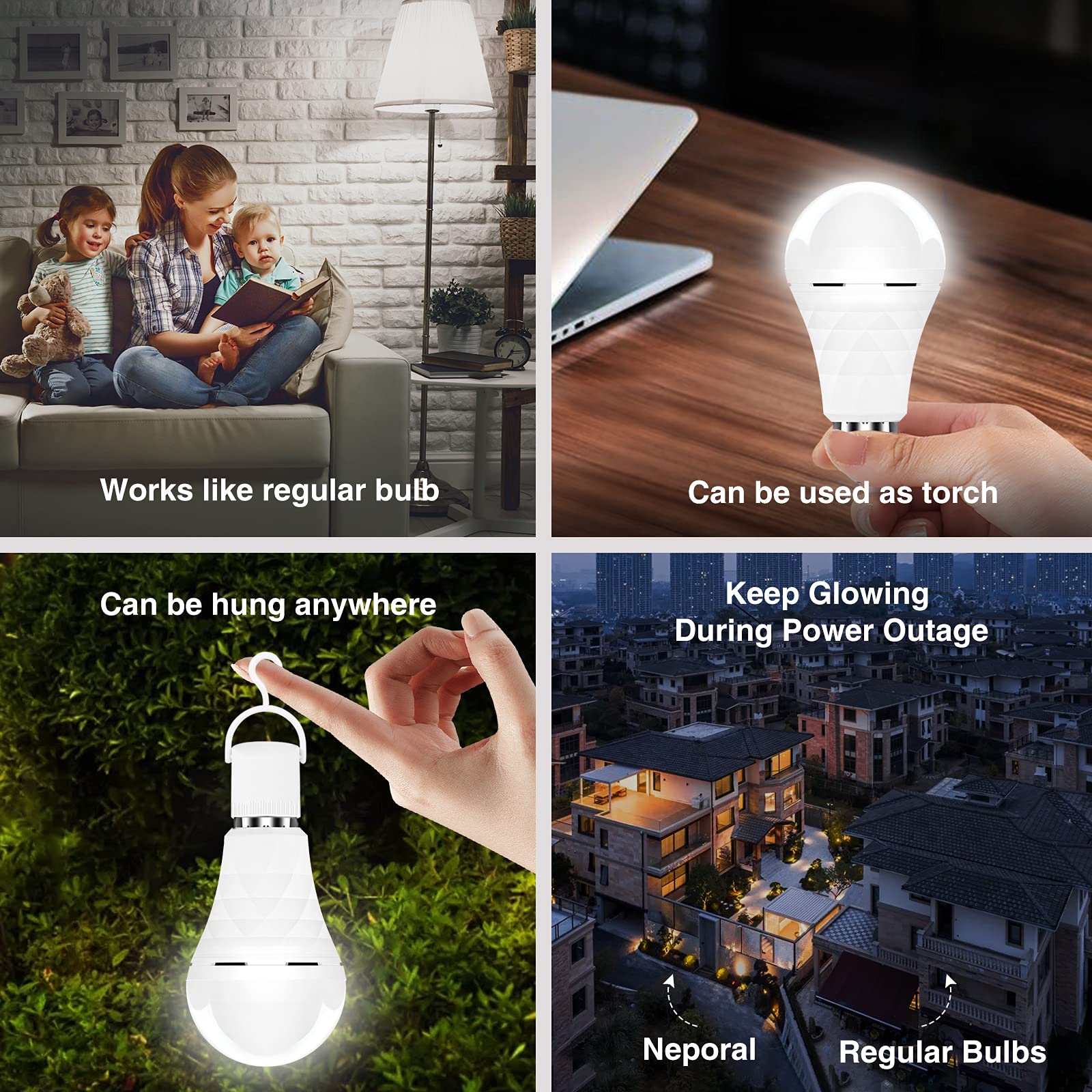 A19 Emergency Rechargeable Light Bulbs, Keep Lighting During Power Outage, Led Bulb 60 Watt Equivalent, 5000K Daylight Light Bulb 1200mAh Battery Backup Light Bulbs for Daily Used & Home Power Failure