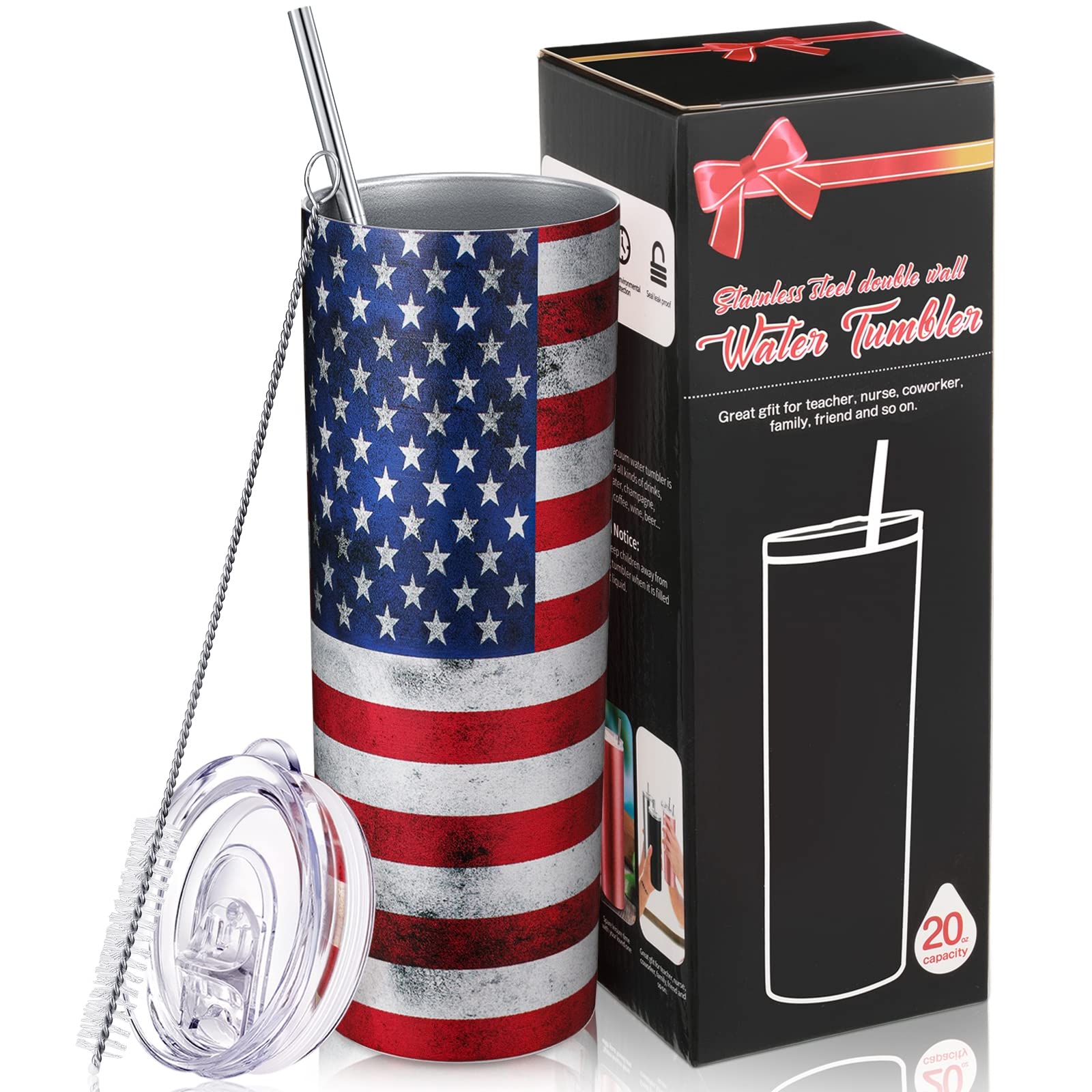 American Flag Water Tumbler, 4th of July Gifts Patriotic Cup, Patriotic Party Supplies for Labor Day, Memorial, Veterans Day, 20 oz Vacuum Insulated Tumbler with Lid, Straw and Brush (Stylish Style)