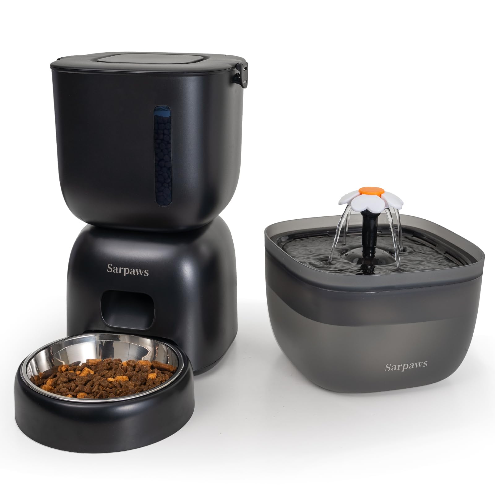 Automatic Cat Feeder and Cat Water Dispenser FW1, Wire or Battery Cat Food Dispenser Timer Pet Feeder - Locking Lid, Desiccant Bag, Programmable Portion Control, 4 Daily Meals, 10s Voice Recorder
