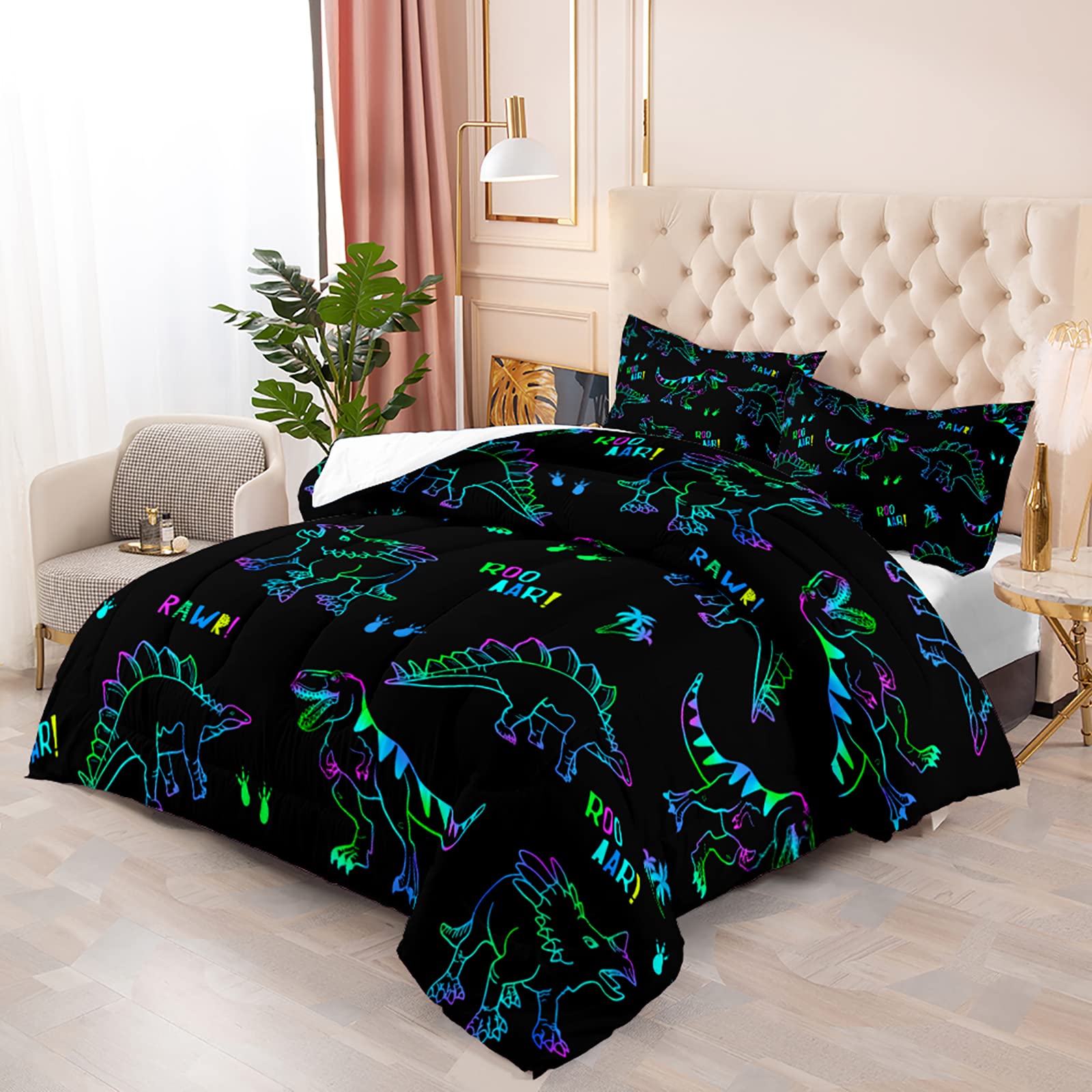 BailiPromise Trippy Dinosaur Comforter Set Queen Size for Boys Kids Quilt Set,Jurassic Dinosaur Bedding Set 3 Piece,Dino Duvet with Pillow Shames for All Seasons Ultra-Soft Lightweight Breathable