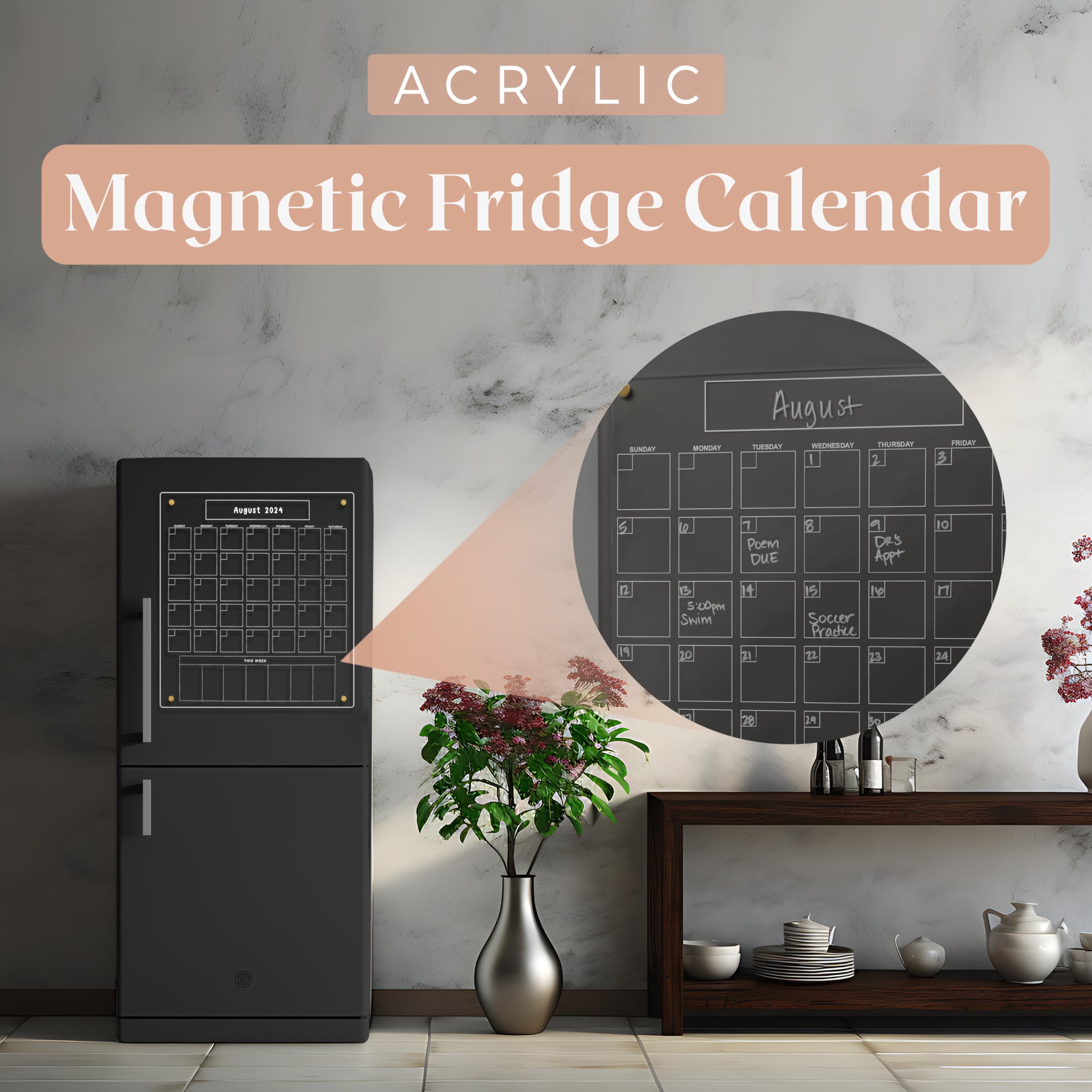 AJA House Acrylic Magnetic Fridge Calendar - Clear Refrigerator Dry Erase Board Calendar | Magnetic Monthly Grid And Weekly Planner Section | 15โโx17โโ Vertical Fridge Calendar | Gold Magnets
