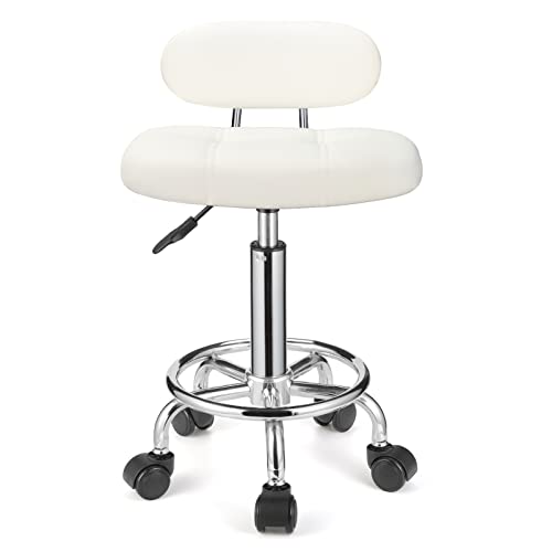 FNZIR Square Rolling Stools with Backrest Height Adjustable Swivel Stool with Wheels White