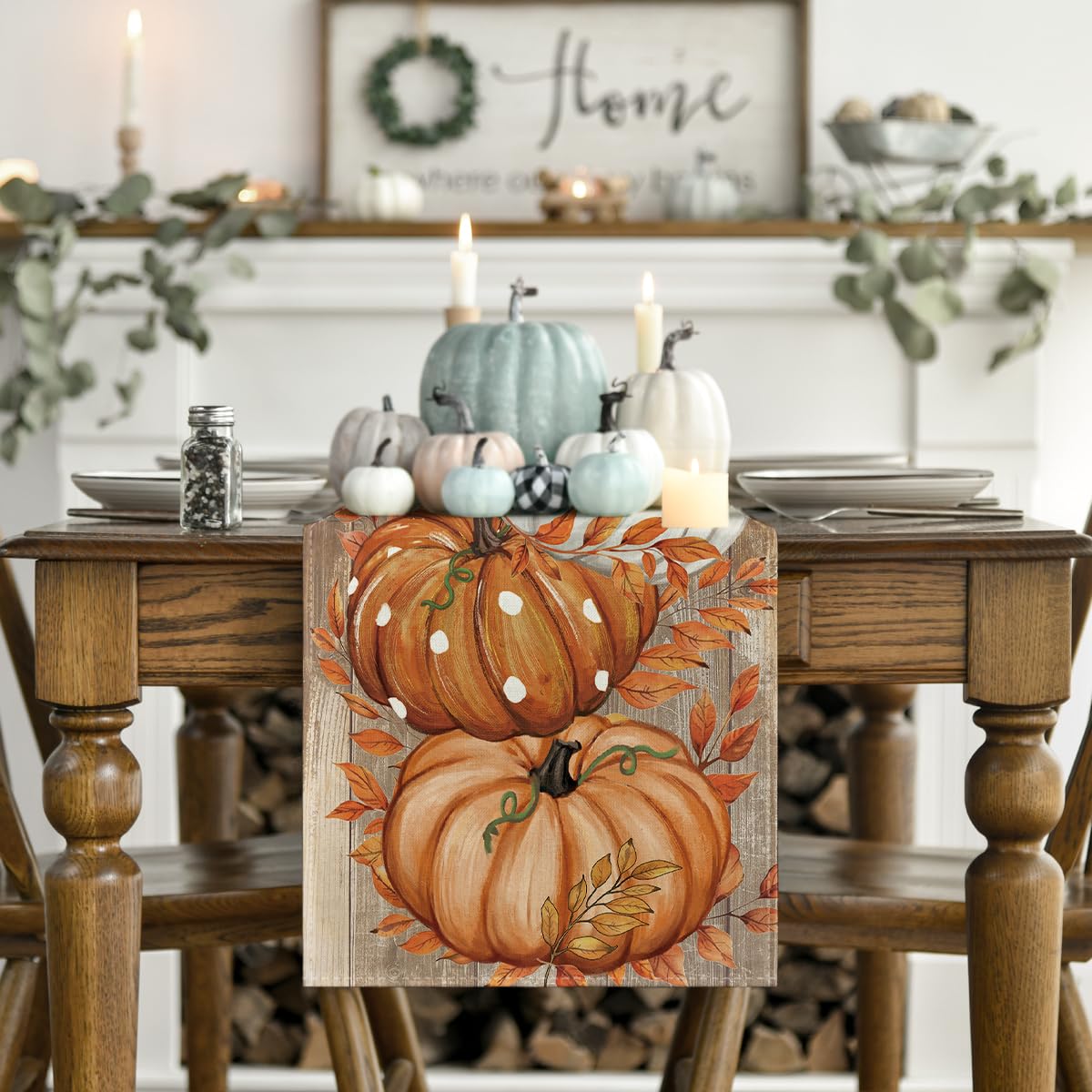 Artoid Mode Buffalo Plaid Orange Pumpkins Eucalyptus Fall Table Runner, Autumn Thanksgiving Kitchen Dining Table Decoration for Home Party Decor 13x72 Inch