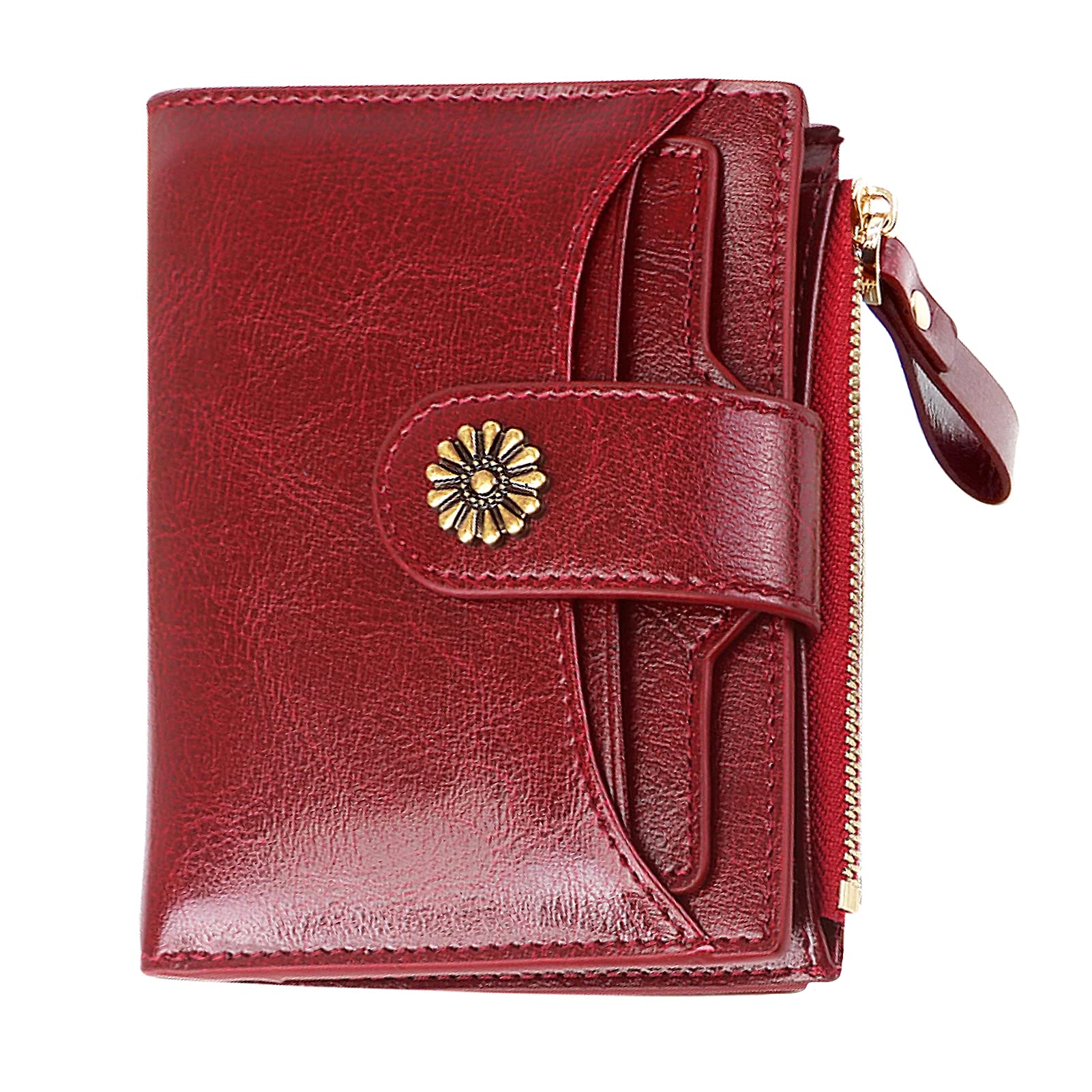 Dyeek Women Genuine Leather Wallet Short Wallet Ladies Purses Luxury Wax Leather Card Holder Large Capacity Multiple Card Position Zipper Coin Pocket(Wine Red) , Medium