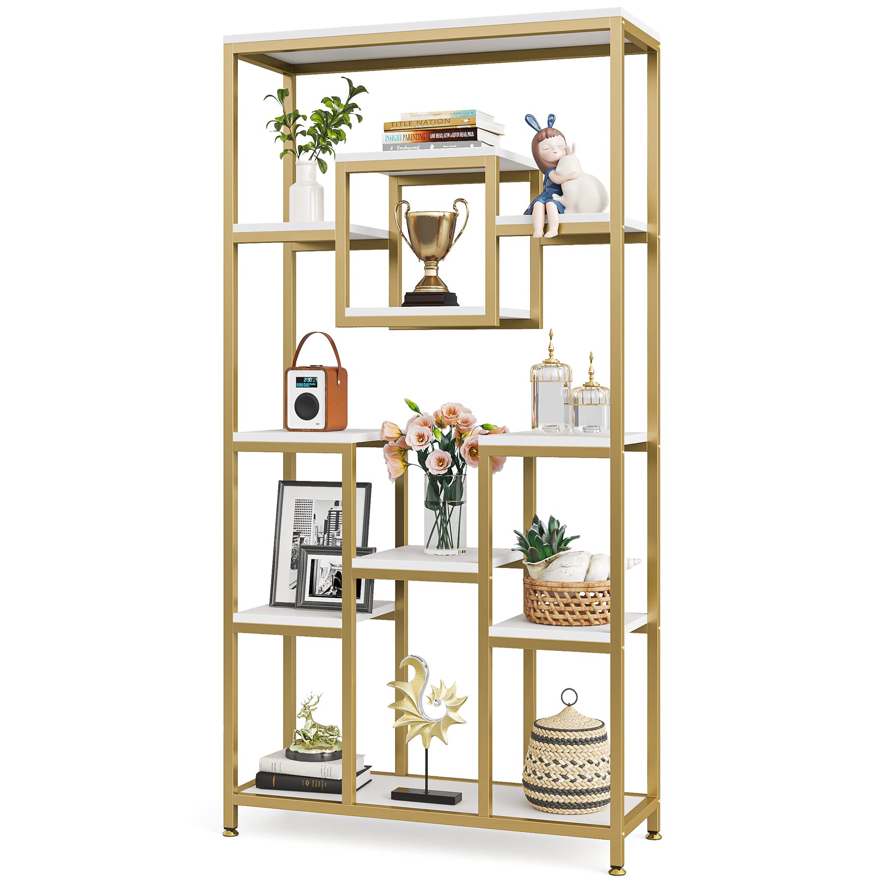 Tribesigns 71" Gold Etagere Bookshelf, Modern 11-Tier Tall Open Display Bookcase Bookshelves, Free Standing Book Shelf for Living Room, Bedroom, Home Office, Gold & White