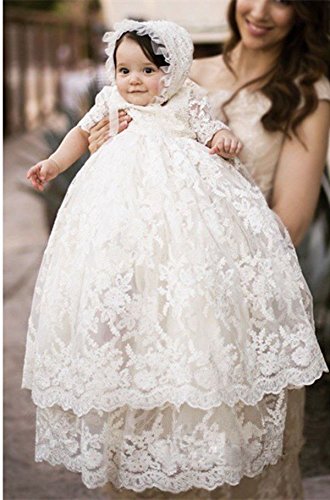 Long Ivory Christening Gown for Baby Girls Lace Baptism Dress with Bonnet 6M
