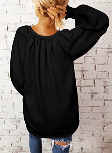 Dokotoo Womens Plus Size V Neck Chiffon Tunic Tops - Stylish Smocked Long Sleeve Shirts (XXL, Black)