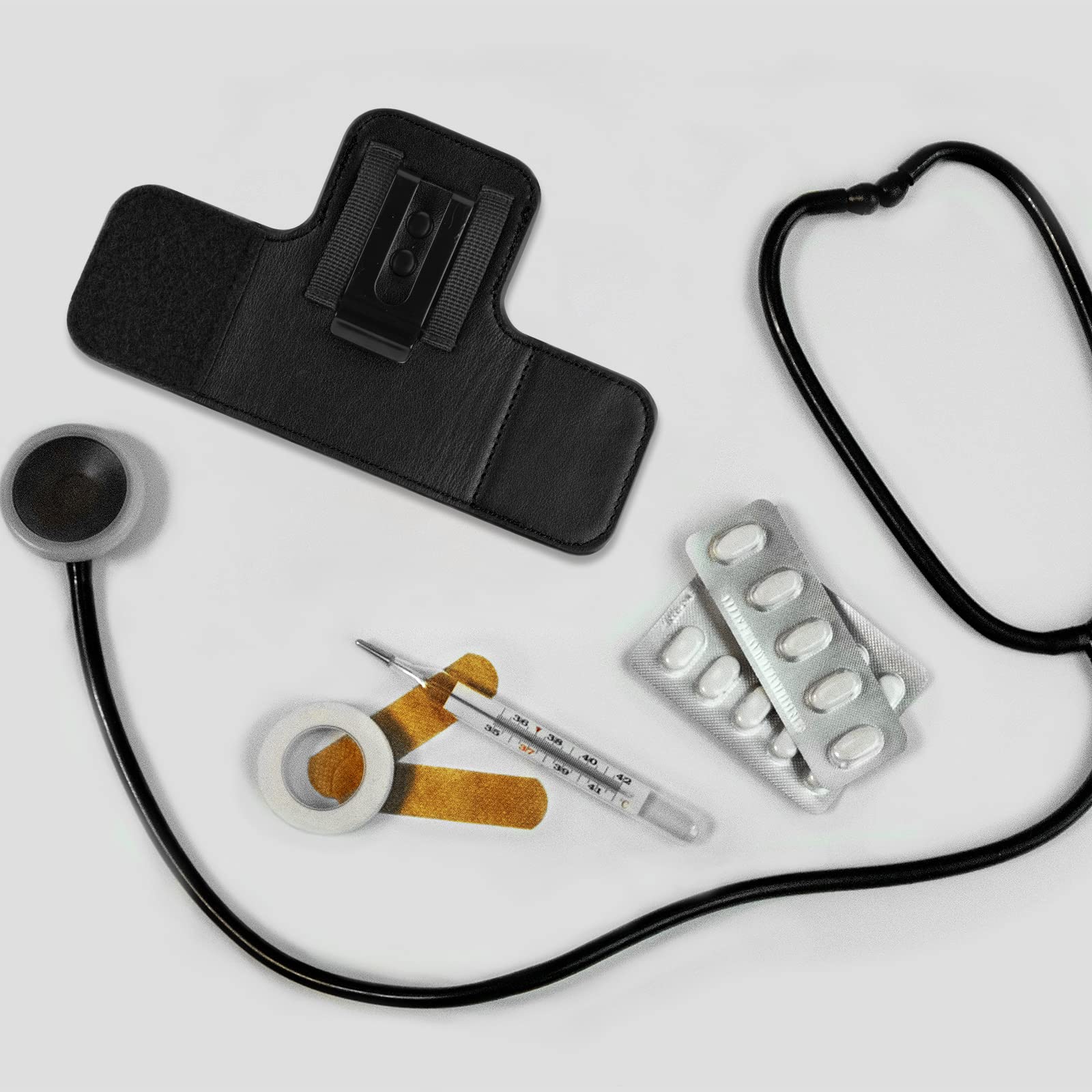Beautyflier PU Leather Stethoscope Holder with Clip for All Models: Littmann, ADC, MDF, Adscope, Stethoscope Holder Carrier Perfect for Physicians, Nurses, EMT (Black)